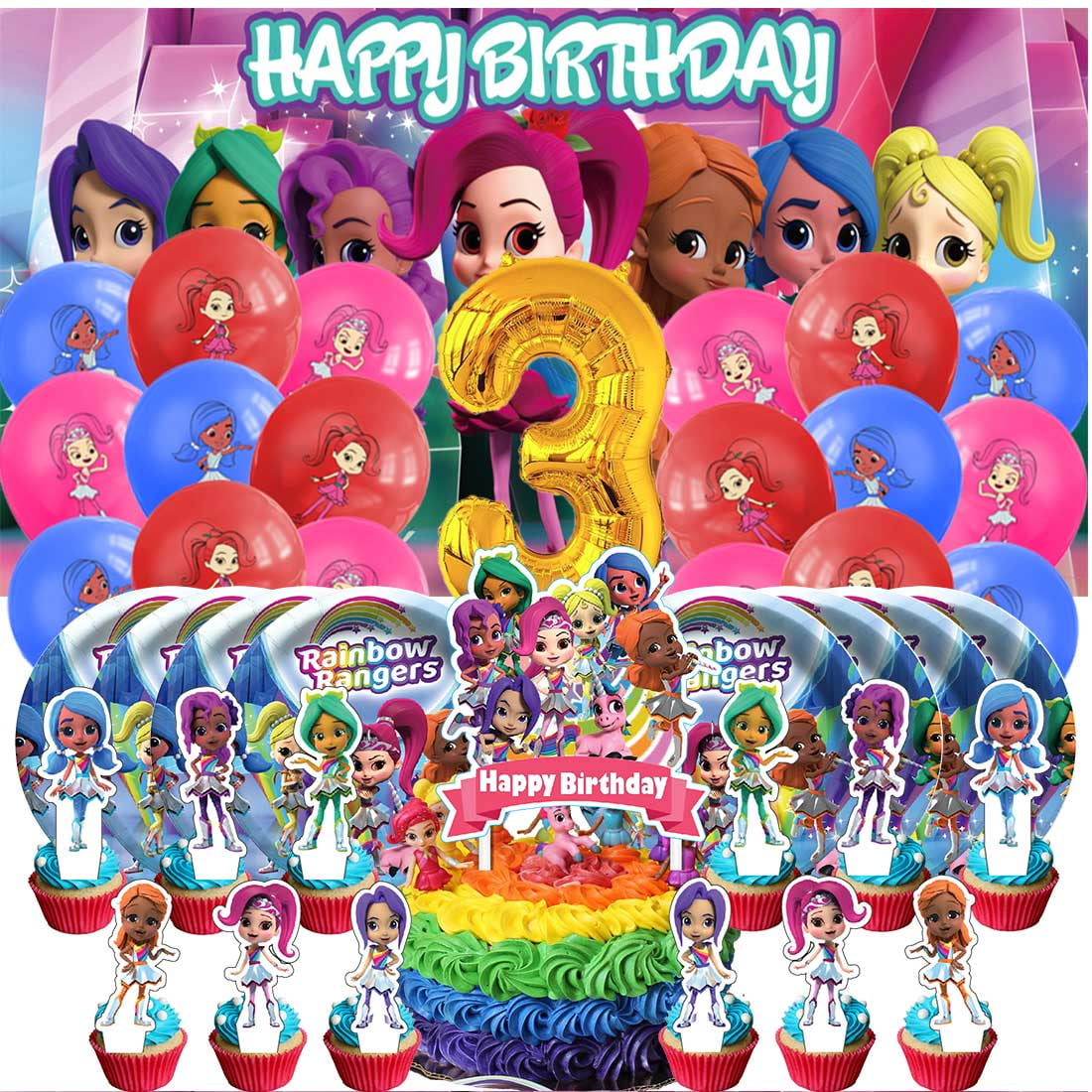Rainbow Rangers Balloons Party Supplies 3rd Decor Tableware Birthday Cake Topper Decorations ...