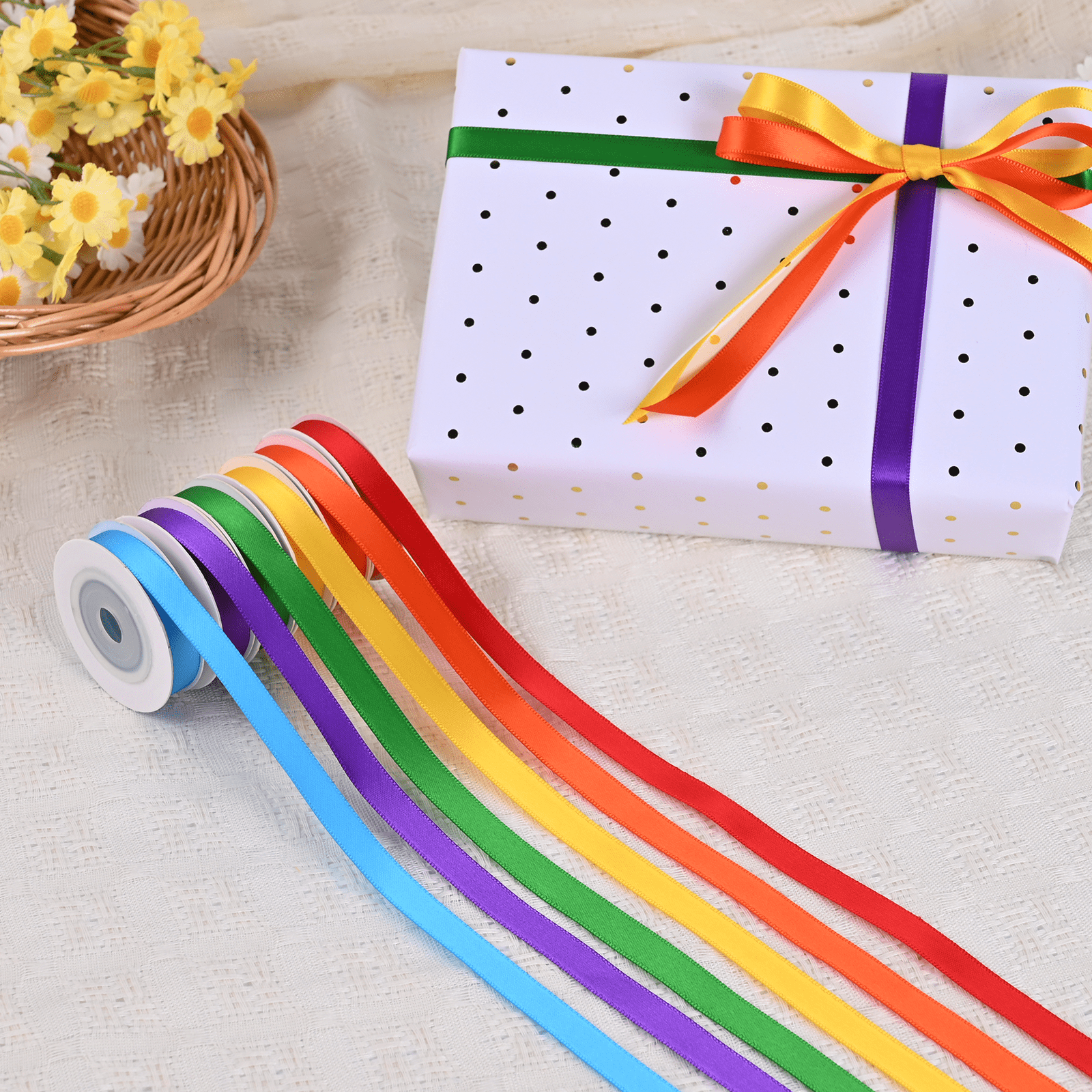 Rainbow Ribbon Thin 3/8 Inch x 30Yds Assorted Colorful Bulk Double ...