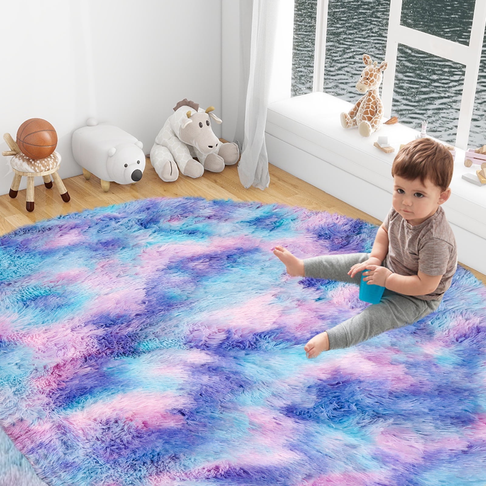 Rainbow Round Area Rug,4'X4',Fluffy Rugs for Bedroom, Rugs for girls ...