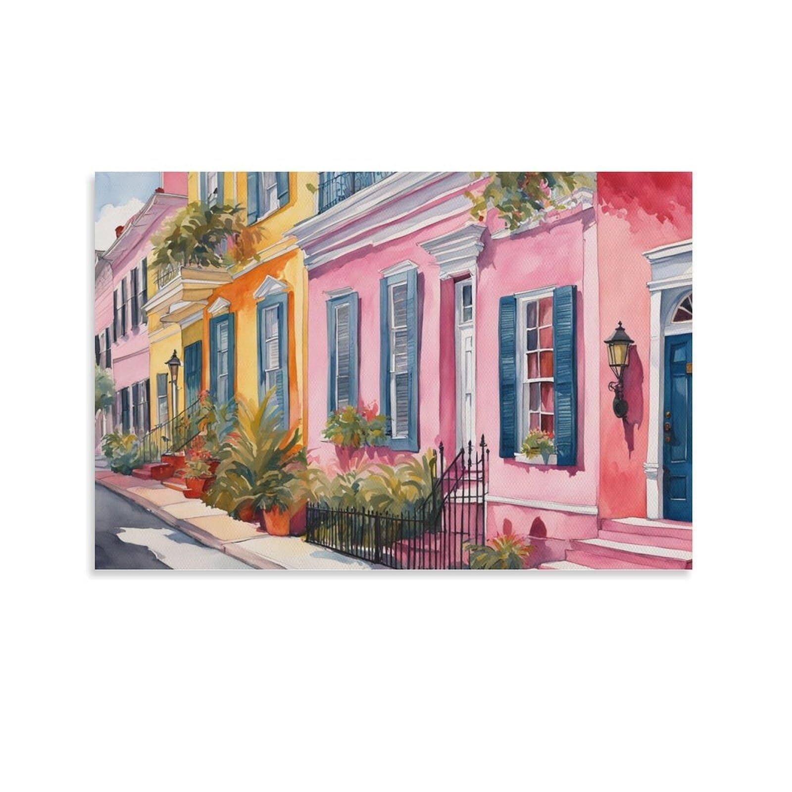Rainbow Row Painting Pink House Watercolor Print Cityscape Art Print ...