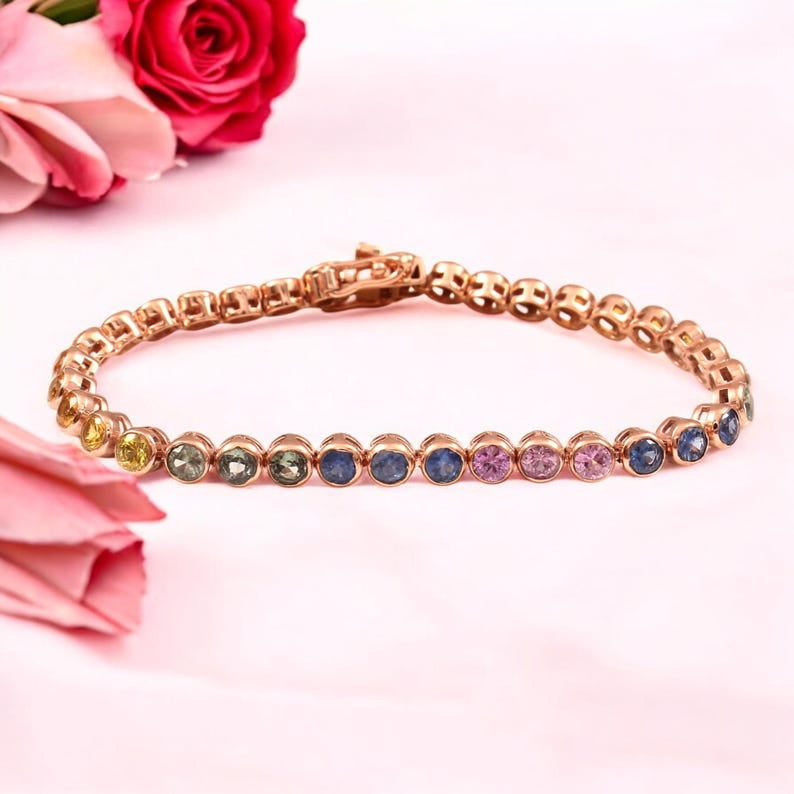 Rainbow Sapphire tennis Bracelet, 14K Multi-Color Sapphire Tennis ...