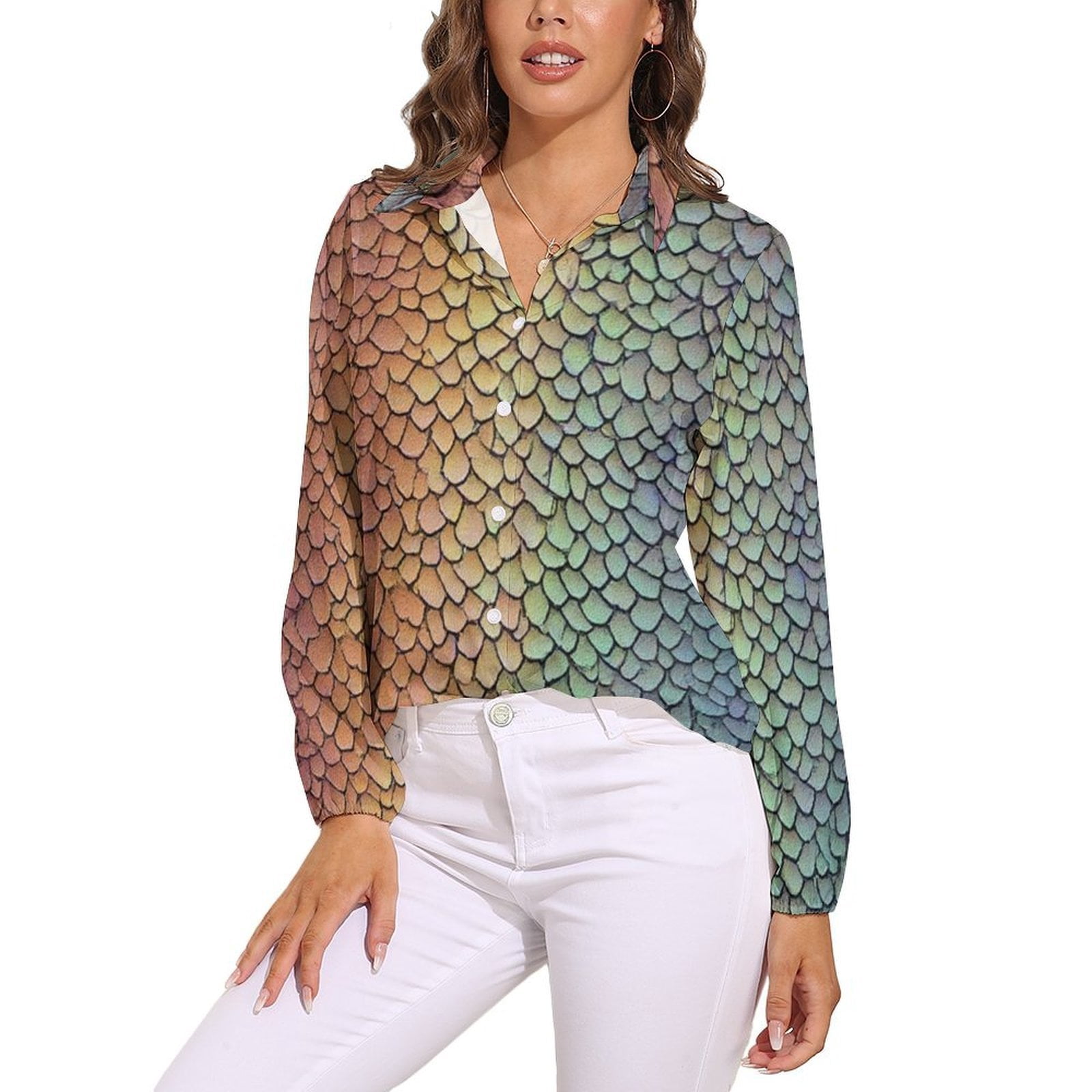 Rainbow Scales Texture Vntage Casual Long Sleeve Shirt Blouse Woman ...