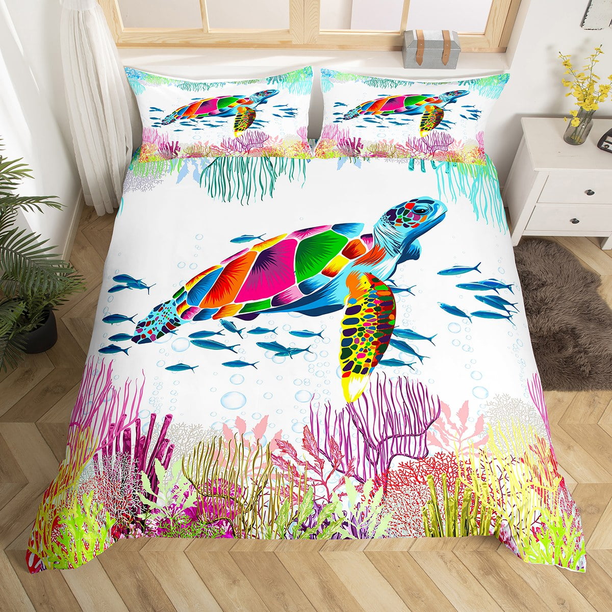 Rainbow Sea Turtle Bedding Set Nautical Sea Animal Comforter Cover for ...