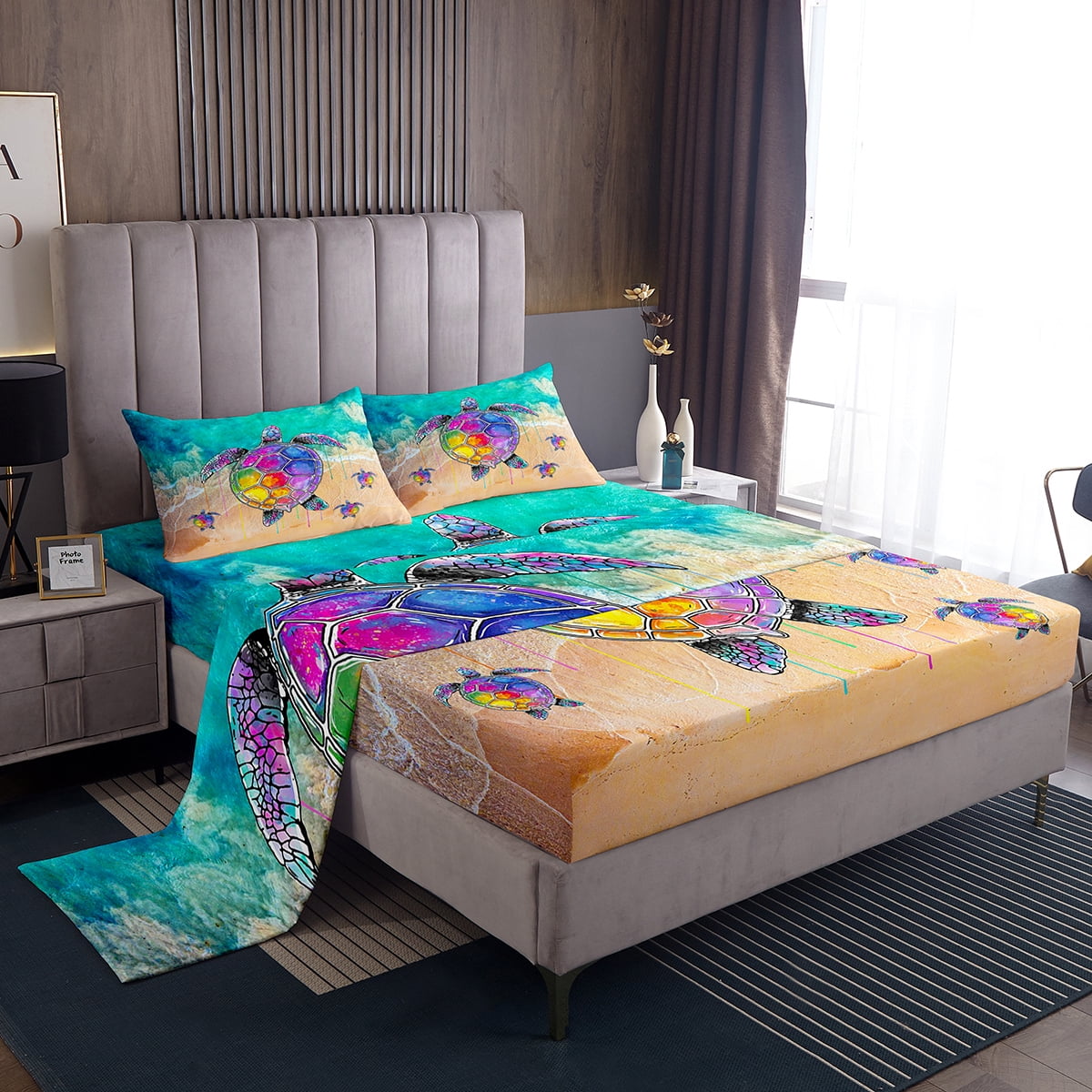 Rainbow Sea Turtle Twin Sheet Set,Blue Hawaii Beach Decor Tropical ...