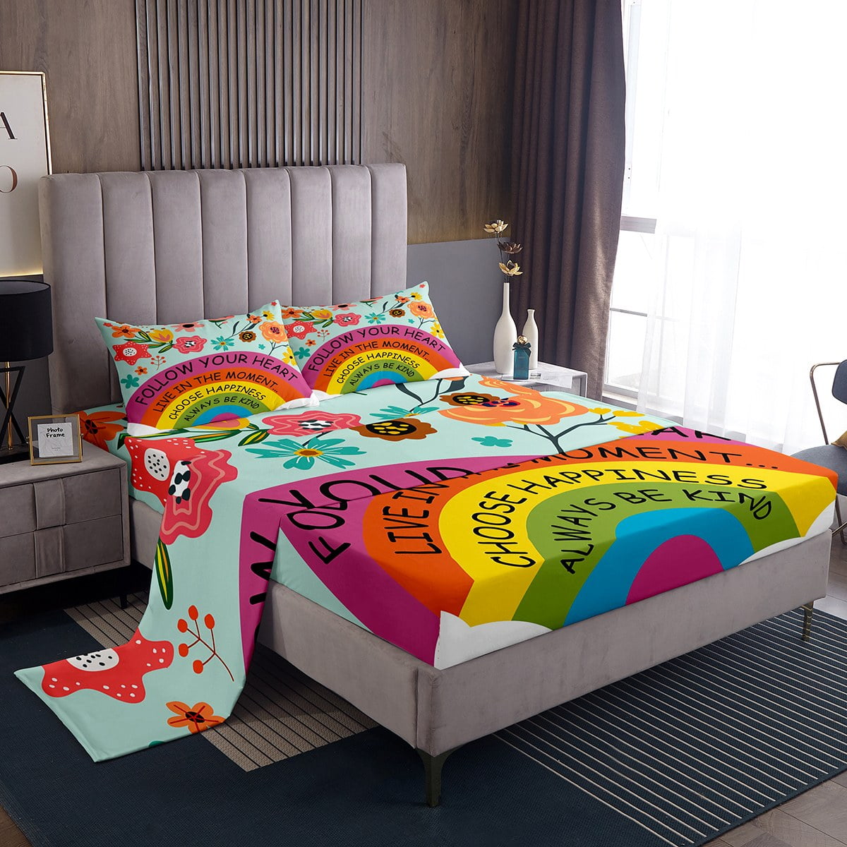 Rainbow Sheet Set Watercolor Flowers Bed Sheets Set Queen,Bohemian ...