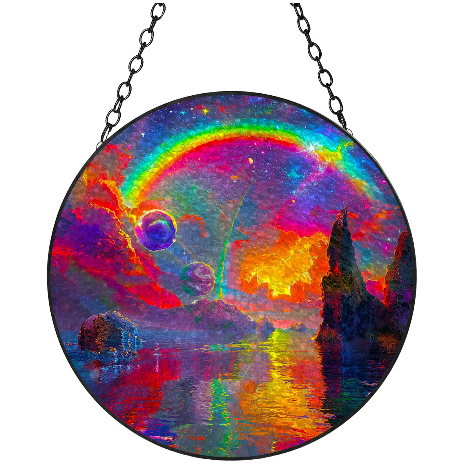 Rainbow Shining Sky River Scenery Stained Glass Suncatcher Handmade ...