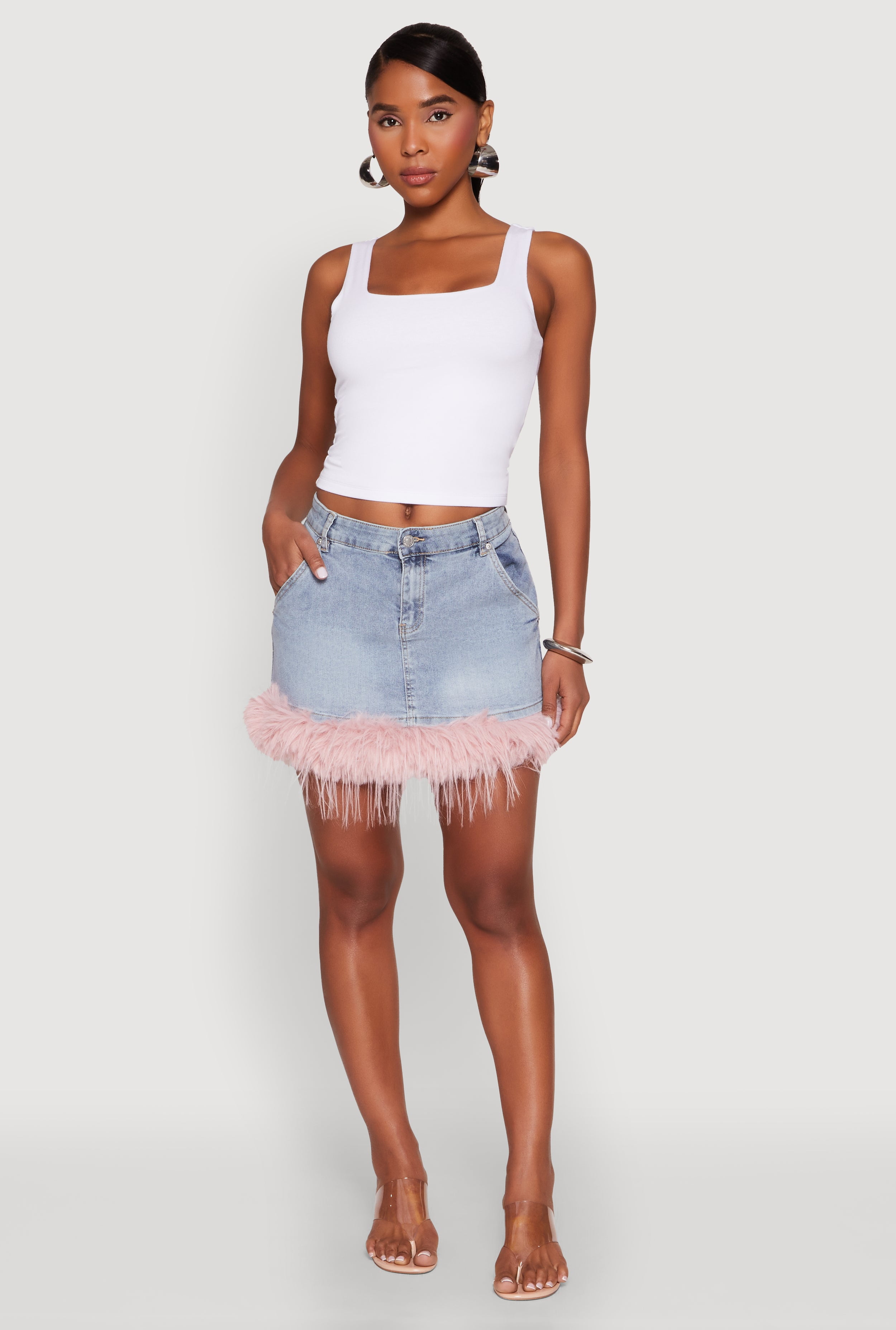 Rainbow Shops Female Adult Almost Famous Faux Fur Trim Denim Mini Skirt ...