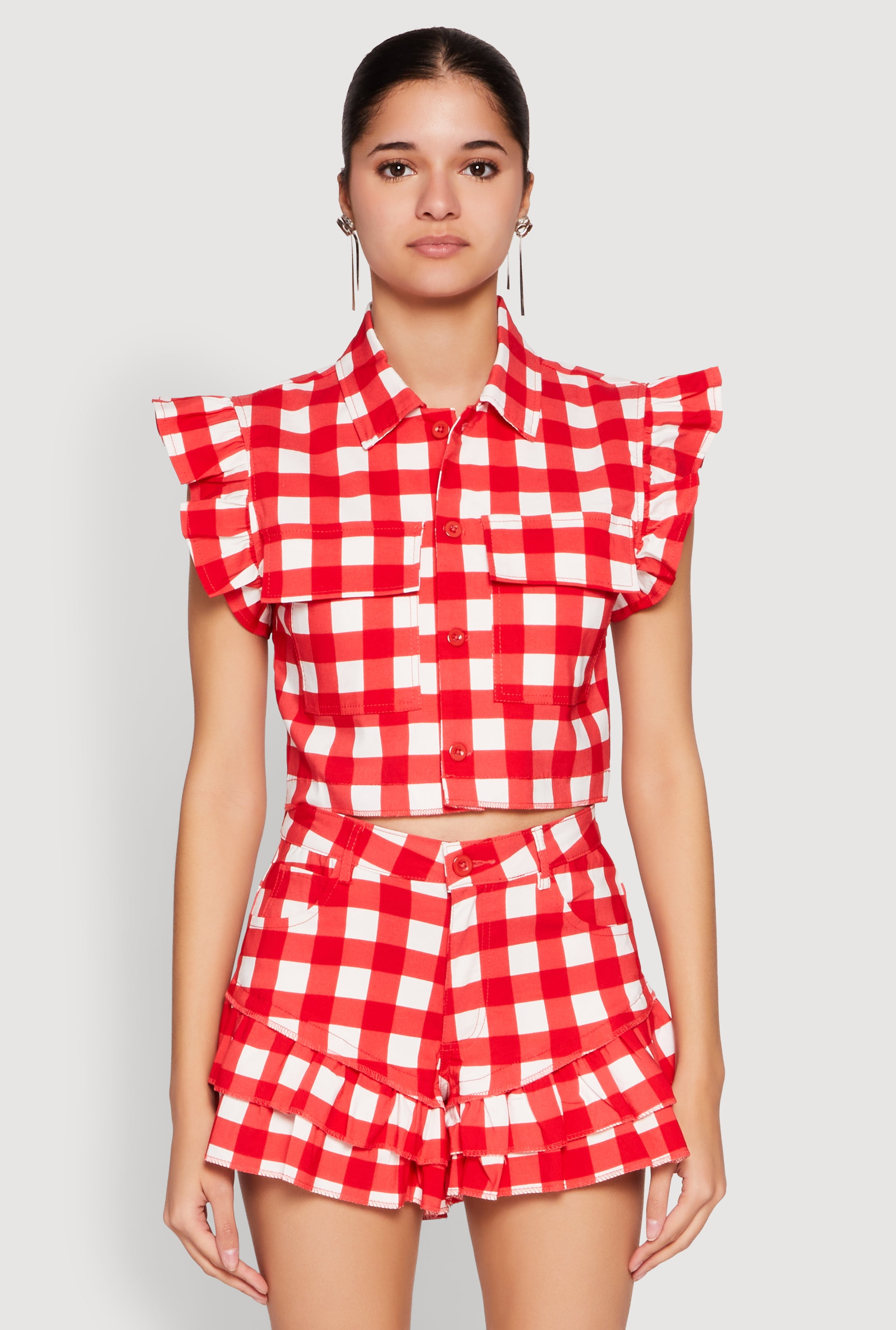 Womens Buffalo Plaid Ruffle Sleeve Cropped Shirt - Walmart.com