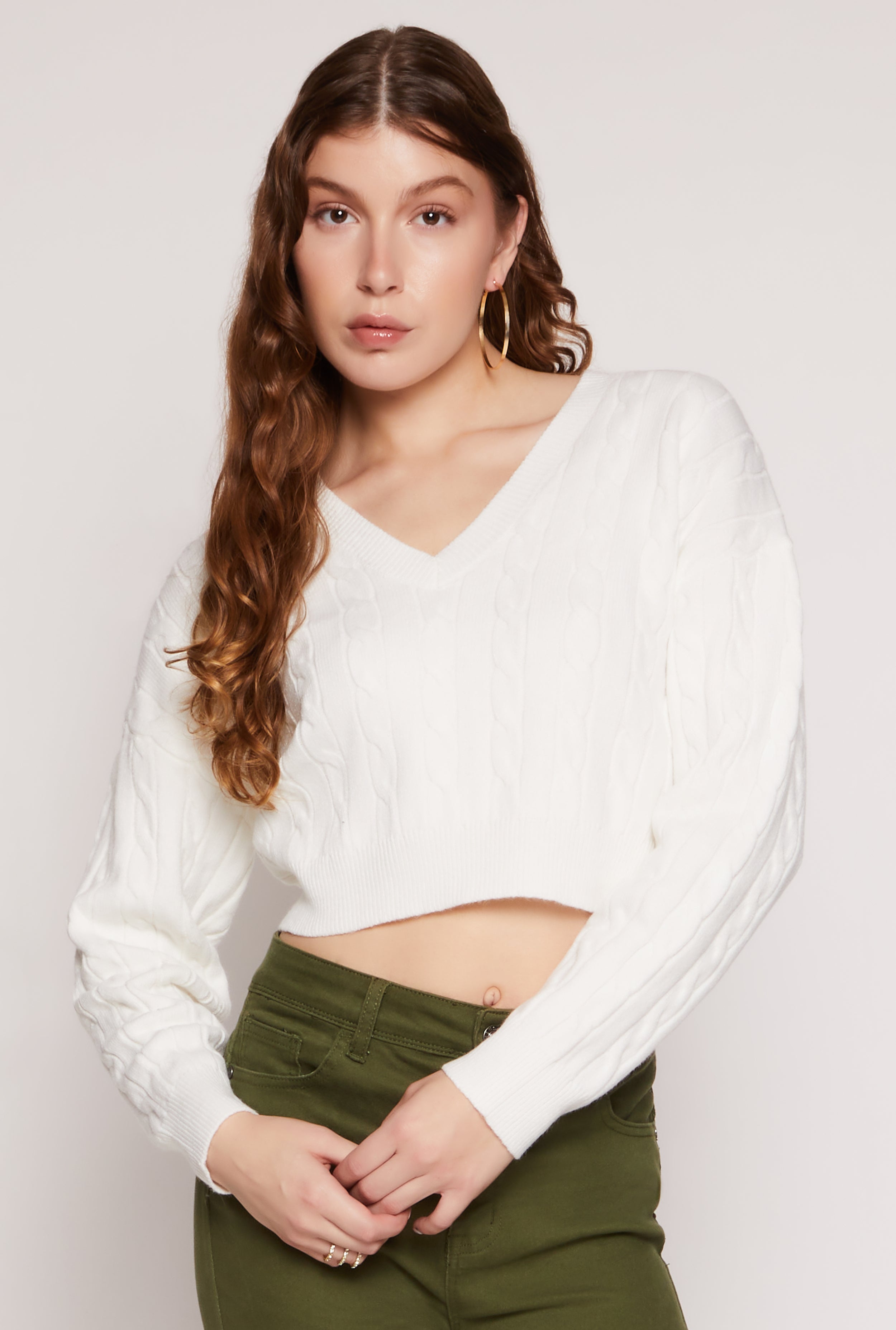 Womens Cable Knit V Neck Cropped Sweater - Walmart.com