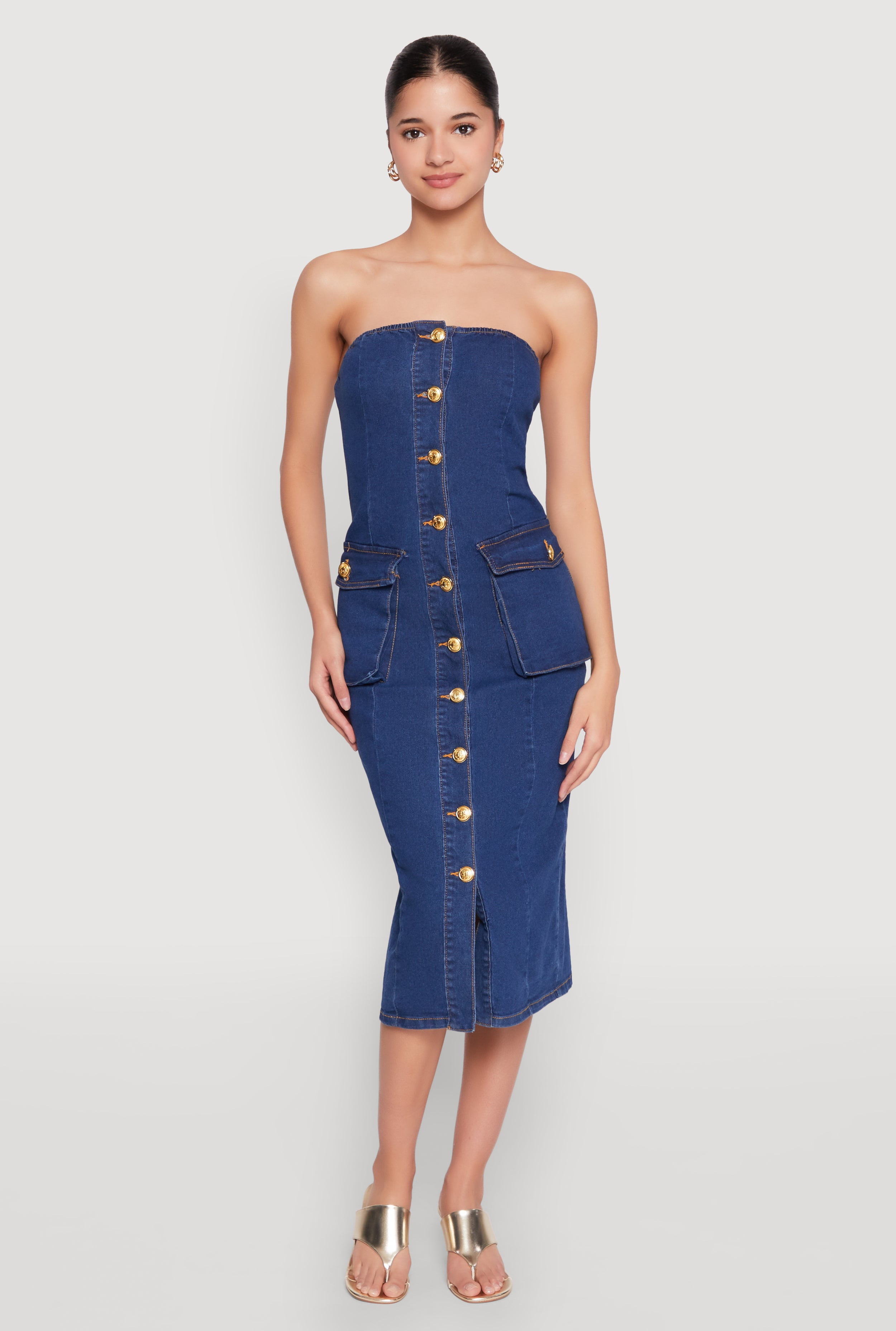 Womens Daisy Button Front Strapless Denim Dress - Walmart.com