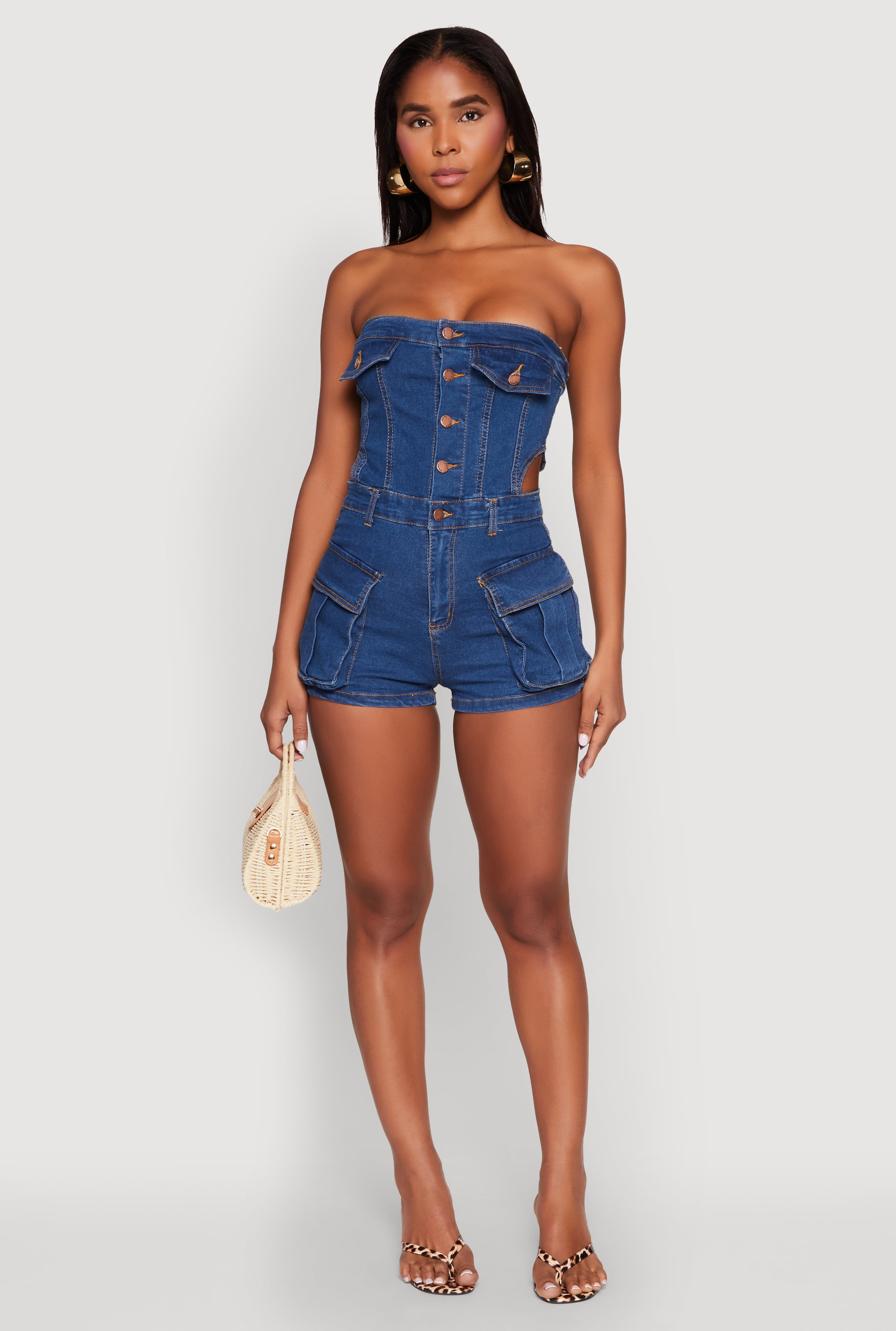 Rainbow Shops Female Adult Daisy Cut Out Side Denim Strapless Romper ...