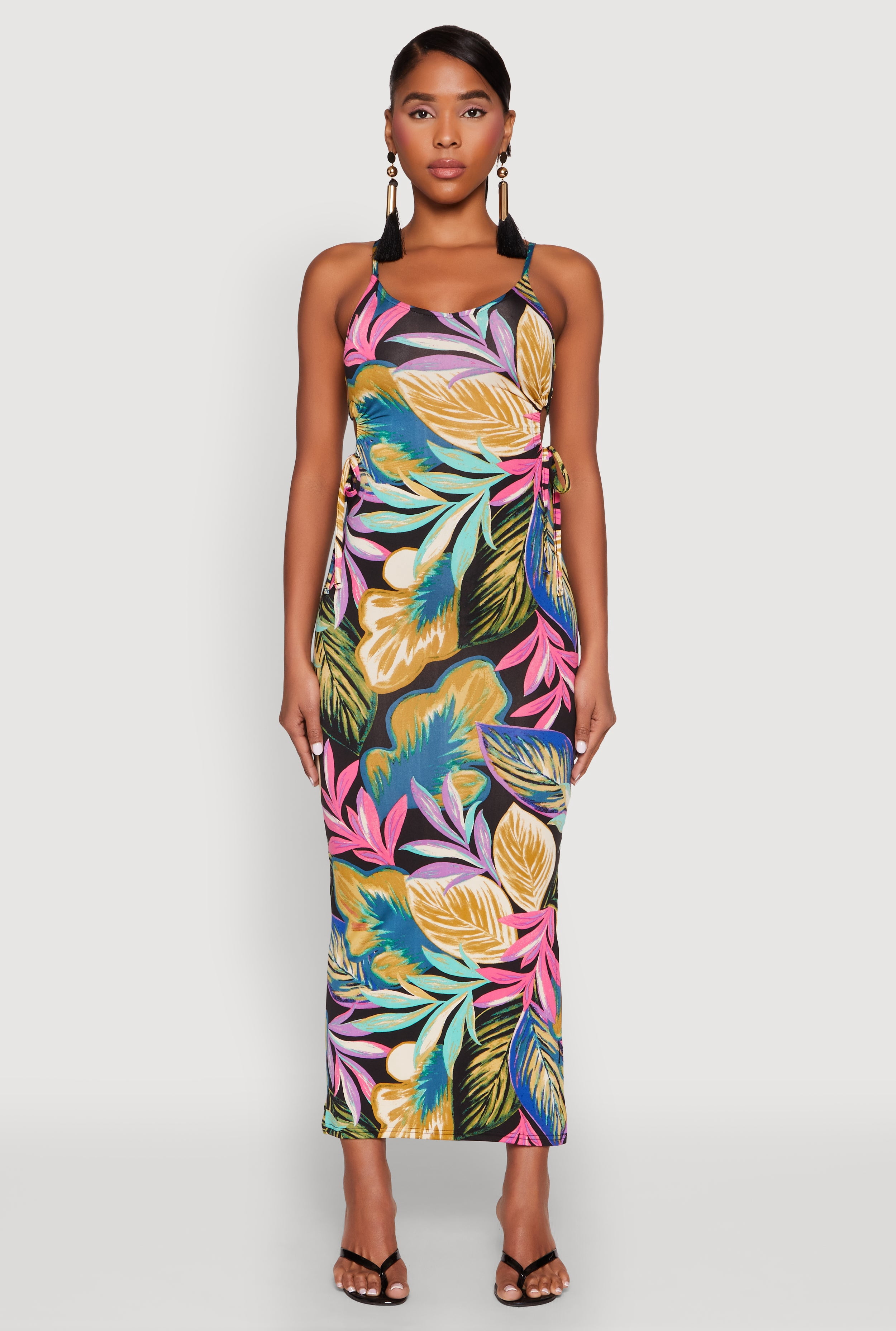 Womens Leaf Print Drawstring Side Cut Out Maxi Dress - Walmart.com