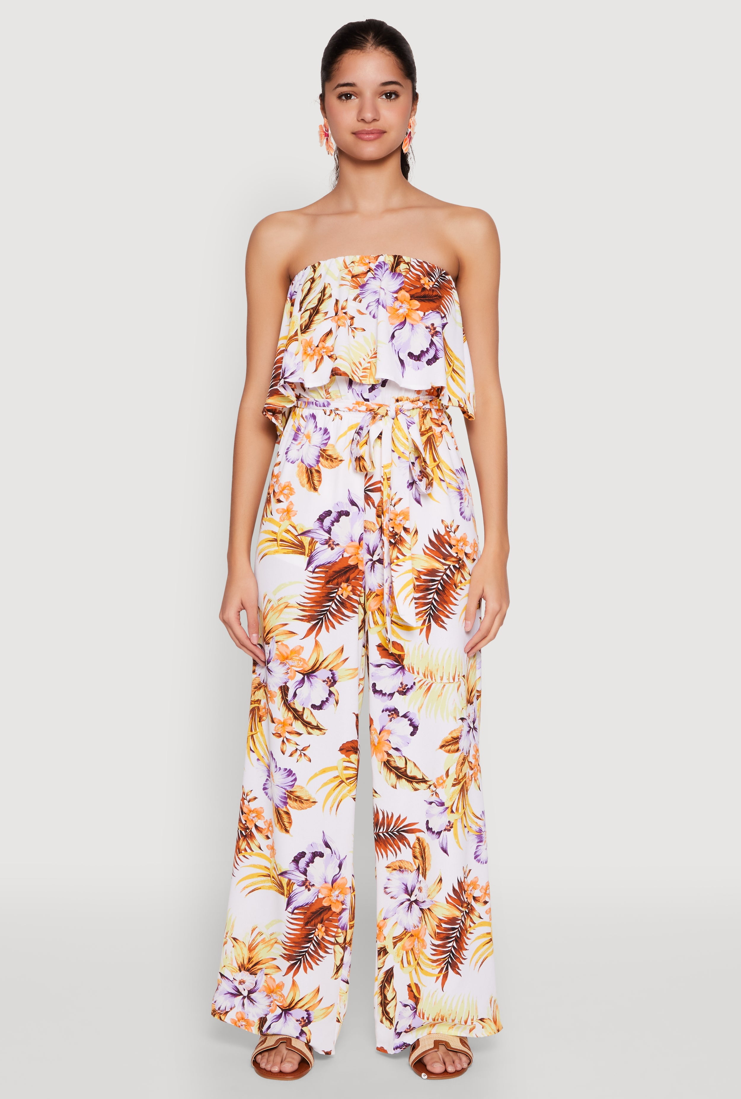 Womens Floral Tie Waist Belted Strapless Overlay Jumpsuit - Walmart.com