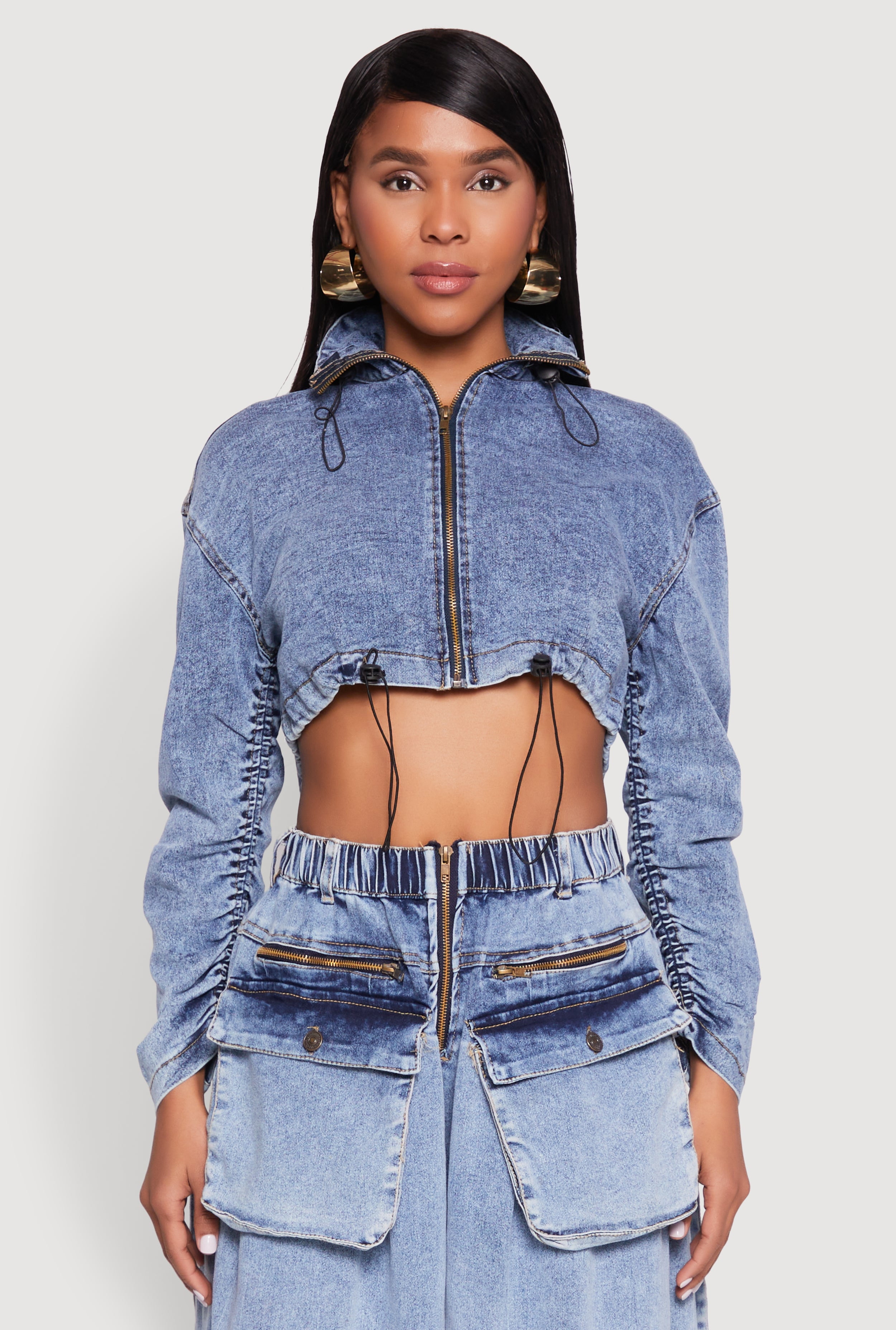 Womens Mineral Wash Zip Front Cropped Denim Jacket - Walmart.com