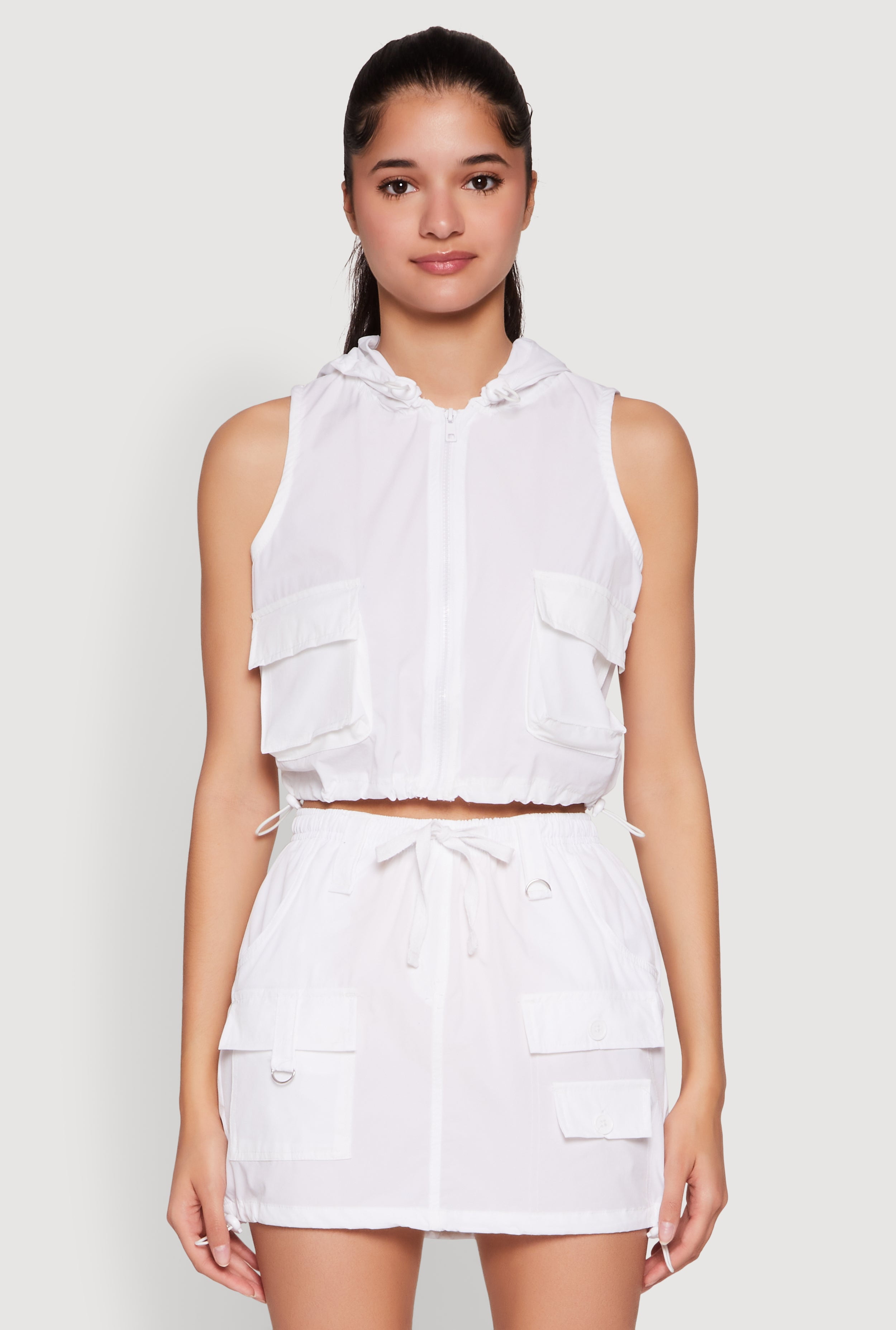 Rainbow Female Adult Nylon Utility Zip Front Hooded Top Sleeveless, Hoodie, Cropped Hem, Cargo ...