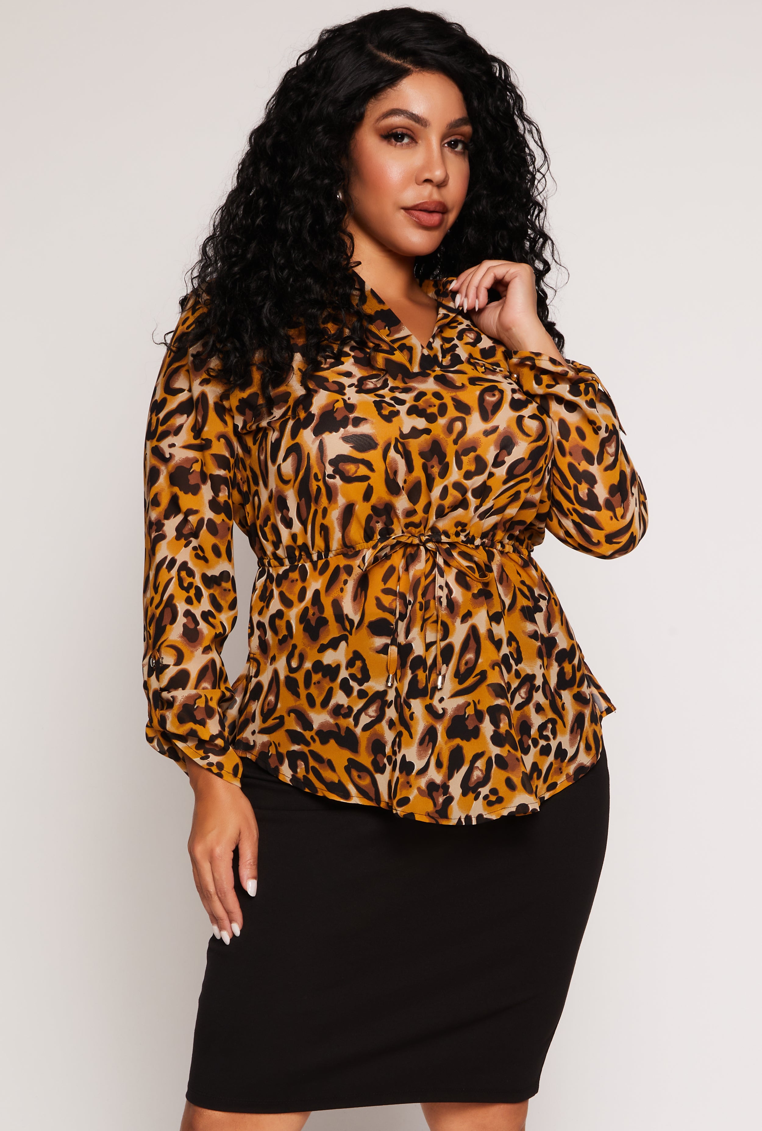 Rainbow Female Adult Plus Size Animal Print Tie Waist Top Long Sleeves ...