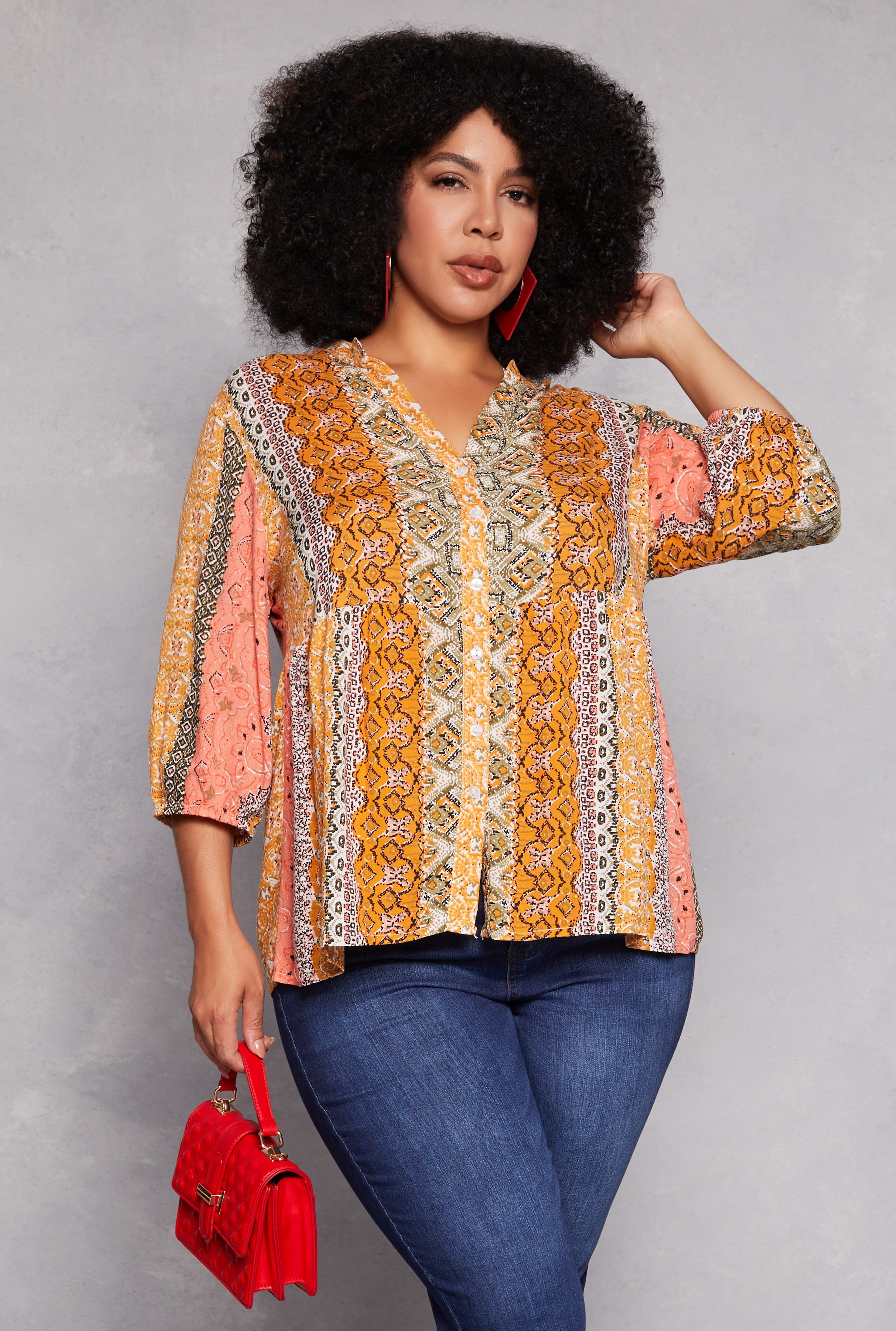 Rainbow Shops Female Adult Plus Size Border Print Boho Top 3/4 Sleeves ...