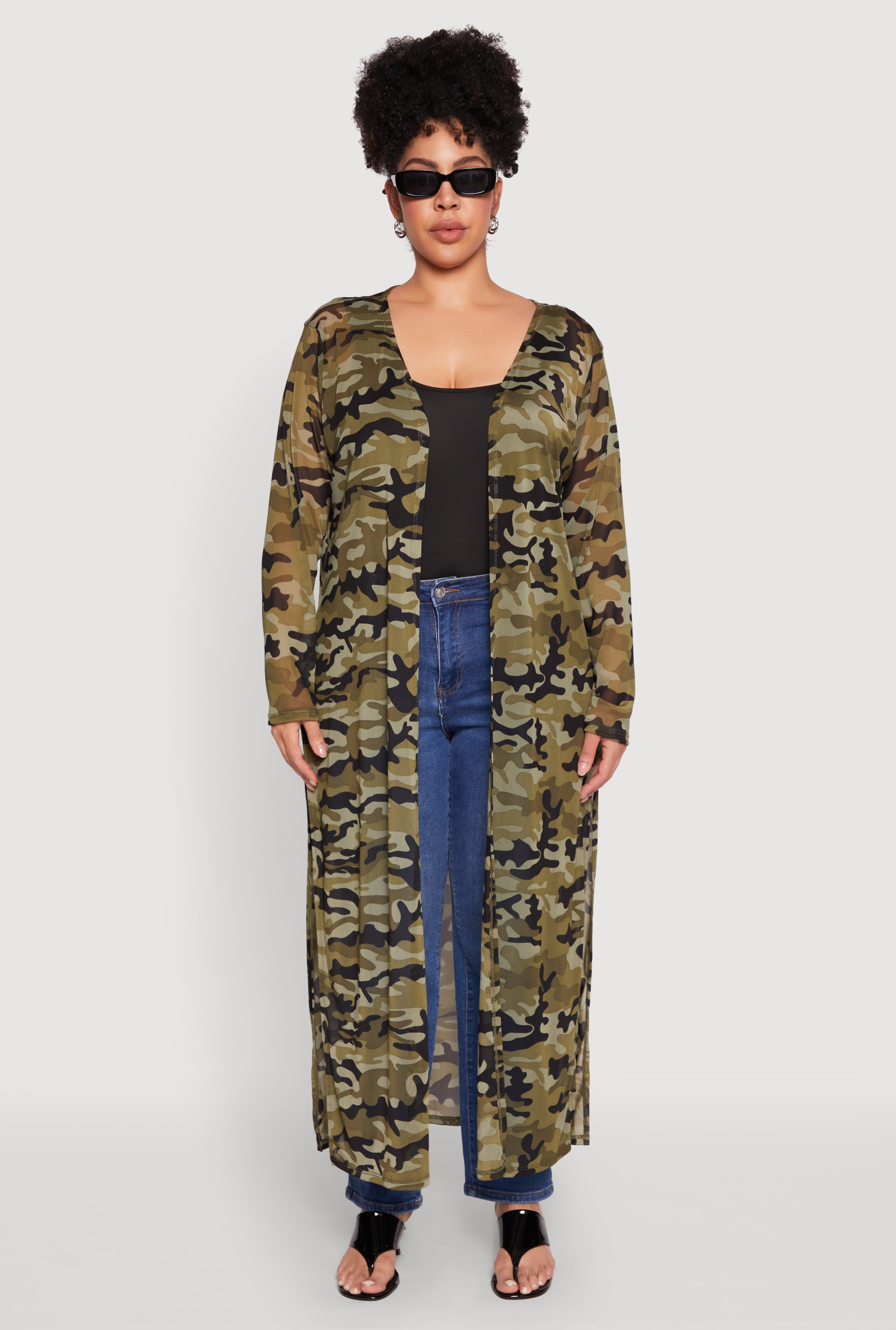 Rainbow Female Adult Plus Size Camo Print Mesh Duster Long Sleeves ...