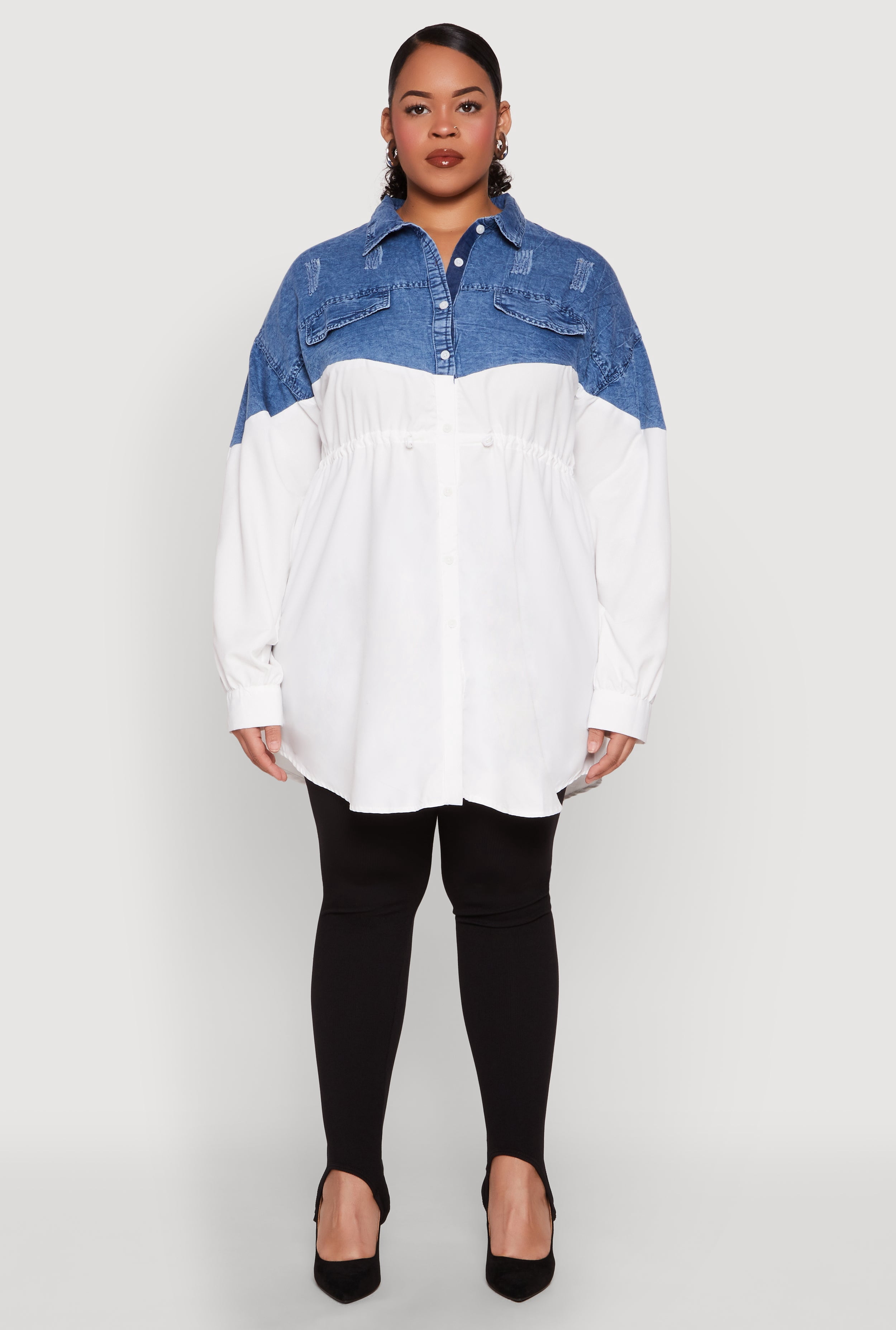 Womens Plus Size Denim Detail Distressed Tunic Shirt - Walmart.com