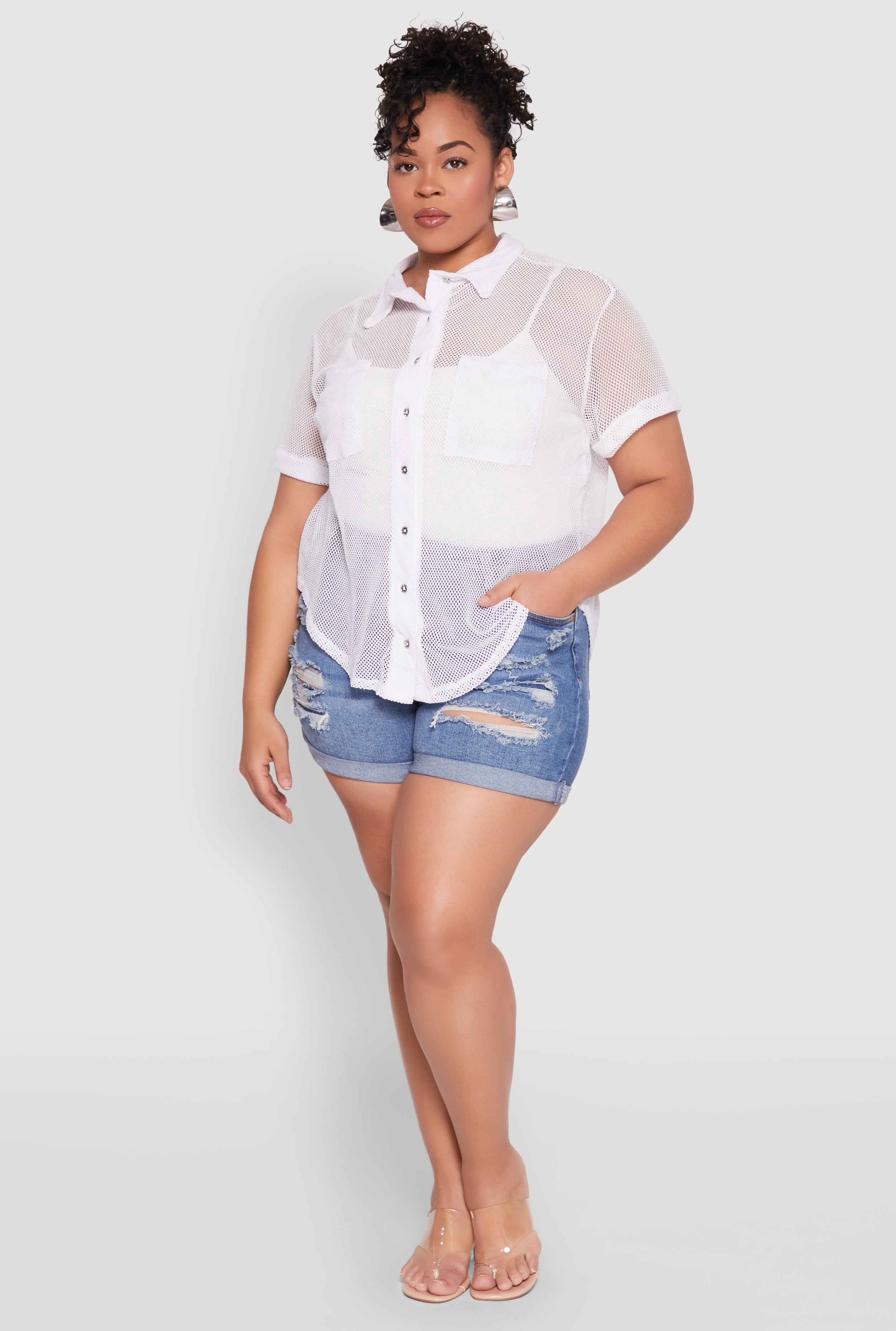 Rainbow Female Adult Plus Size Fishnet Short Sleeve Button Front Shirt ...