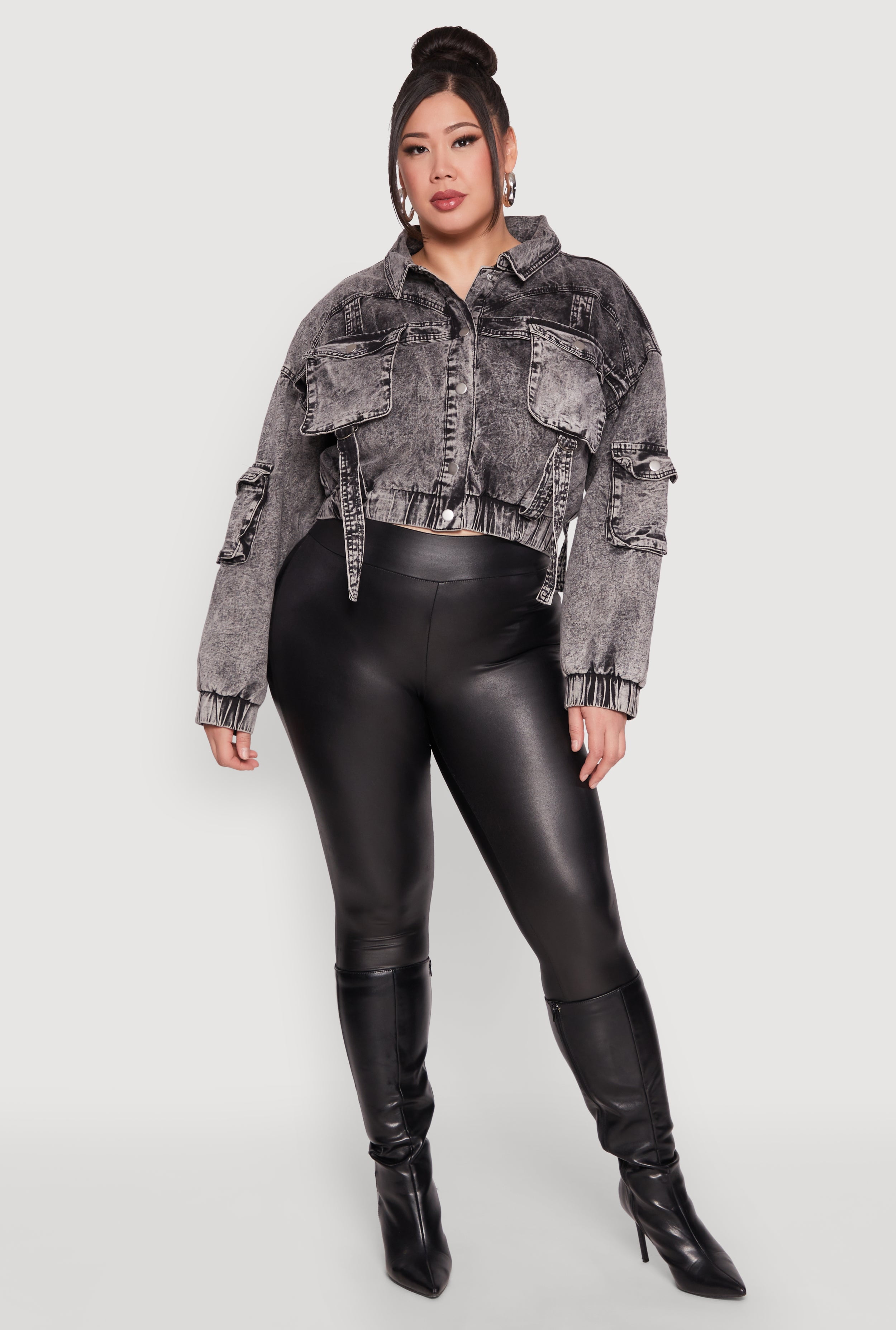 Womens Plus Size Mineral Wash Cropped Cargo Jacket - Walmart.com