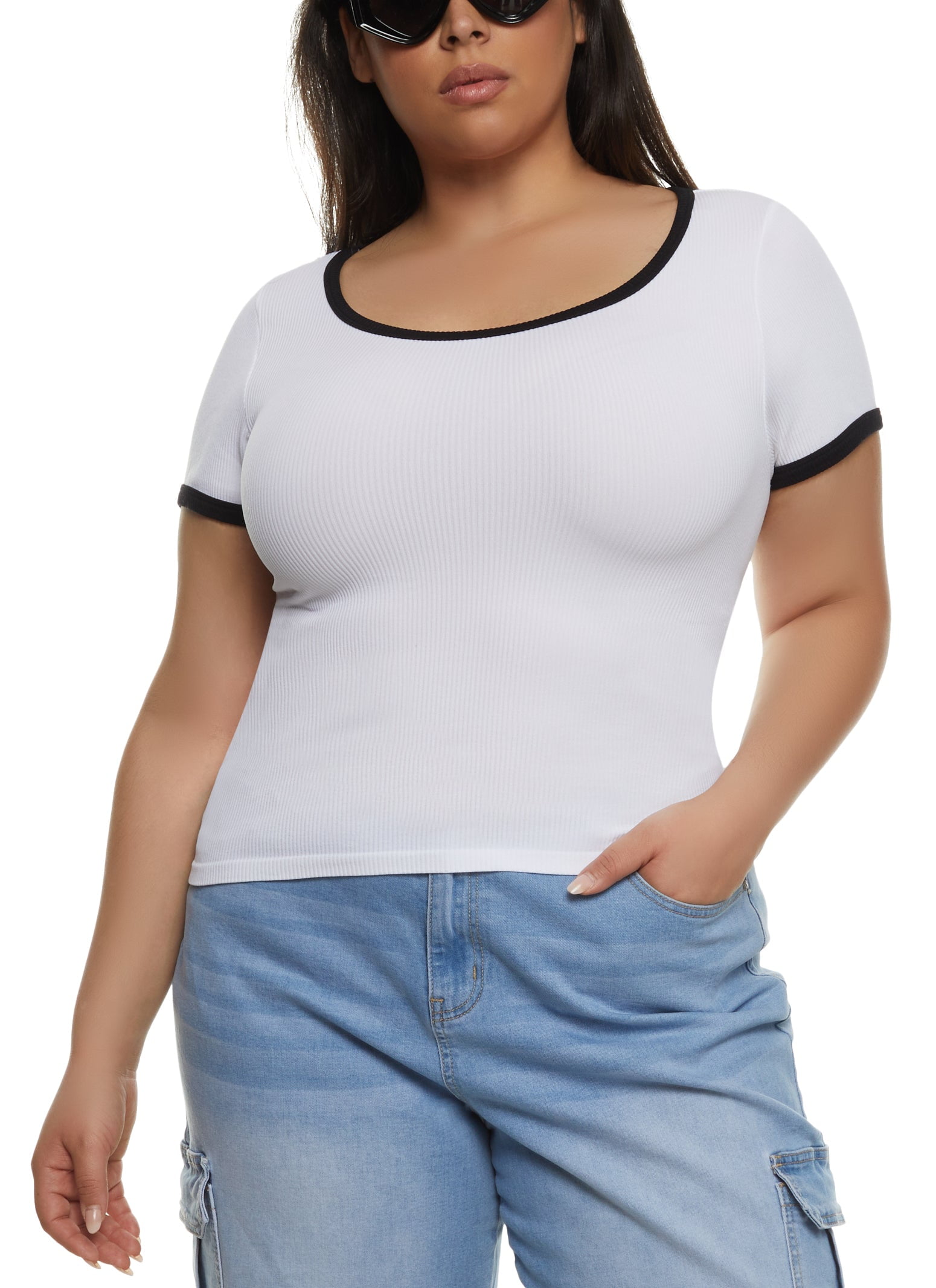 Womens Plus Size Rib Knit Seamless Ringer Tee - Walmart.com