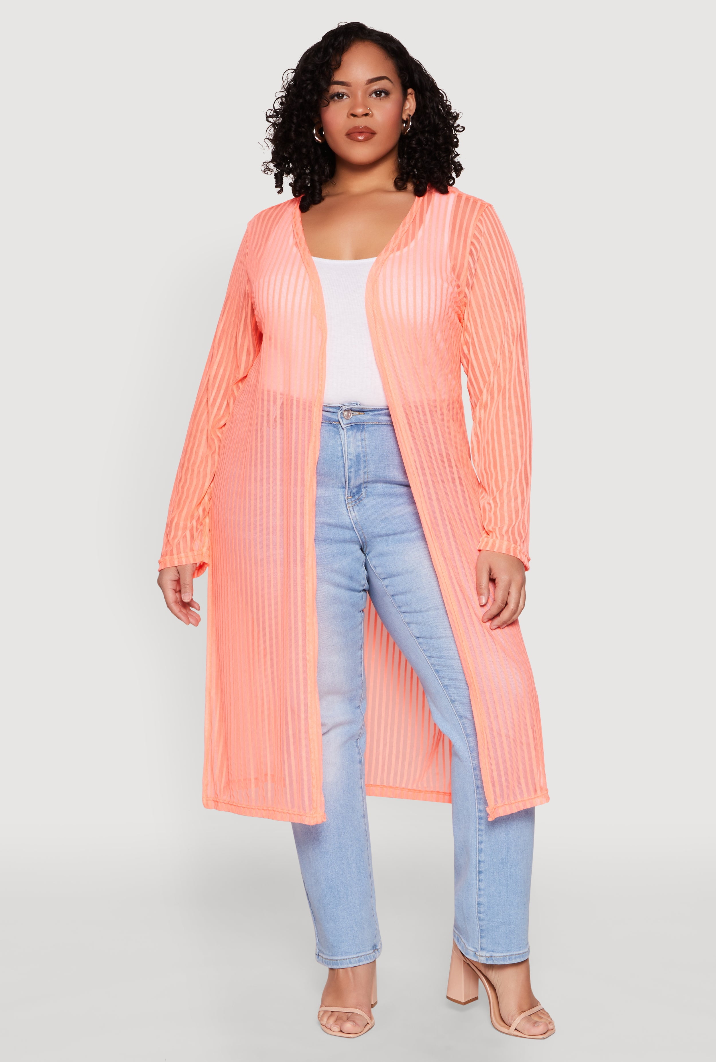 Rainbow Female Adult Plus Size Shadow Stripe Mesh Duster Long Sleeves ...