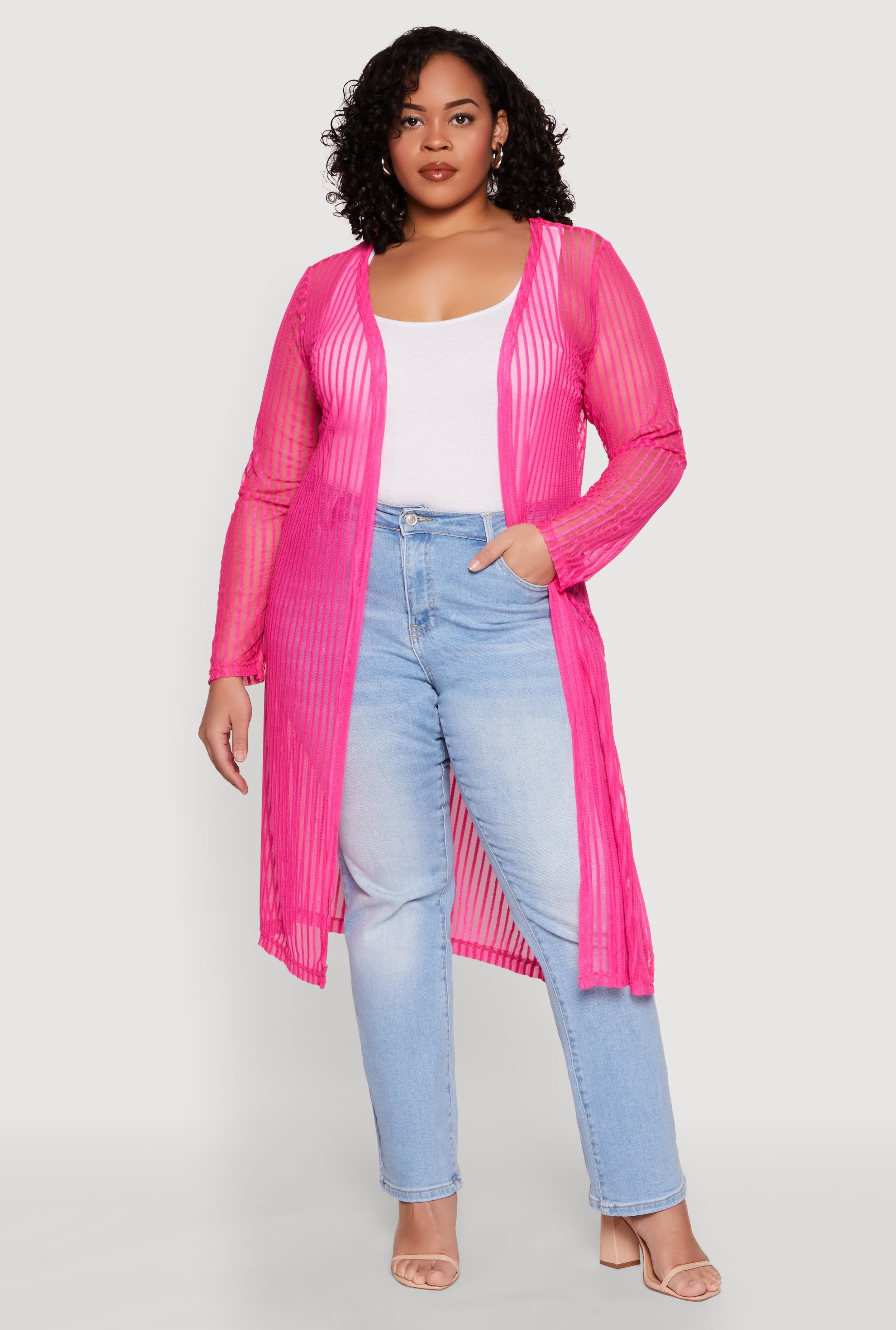 Rainbow Shops Female Adult Plus Size Shadow Stripe Mesh Duster Long ...
