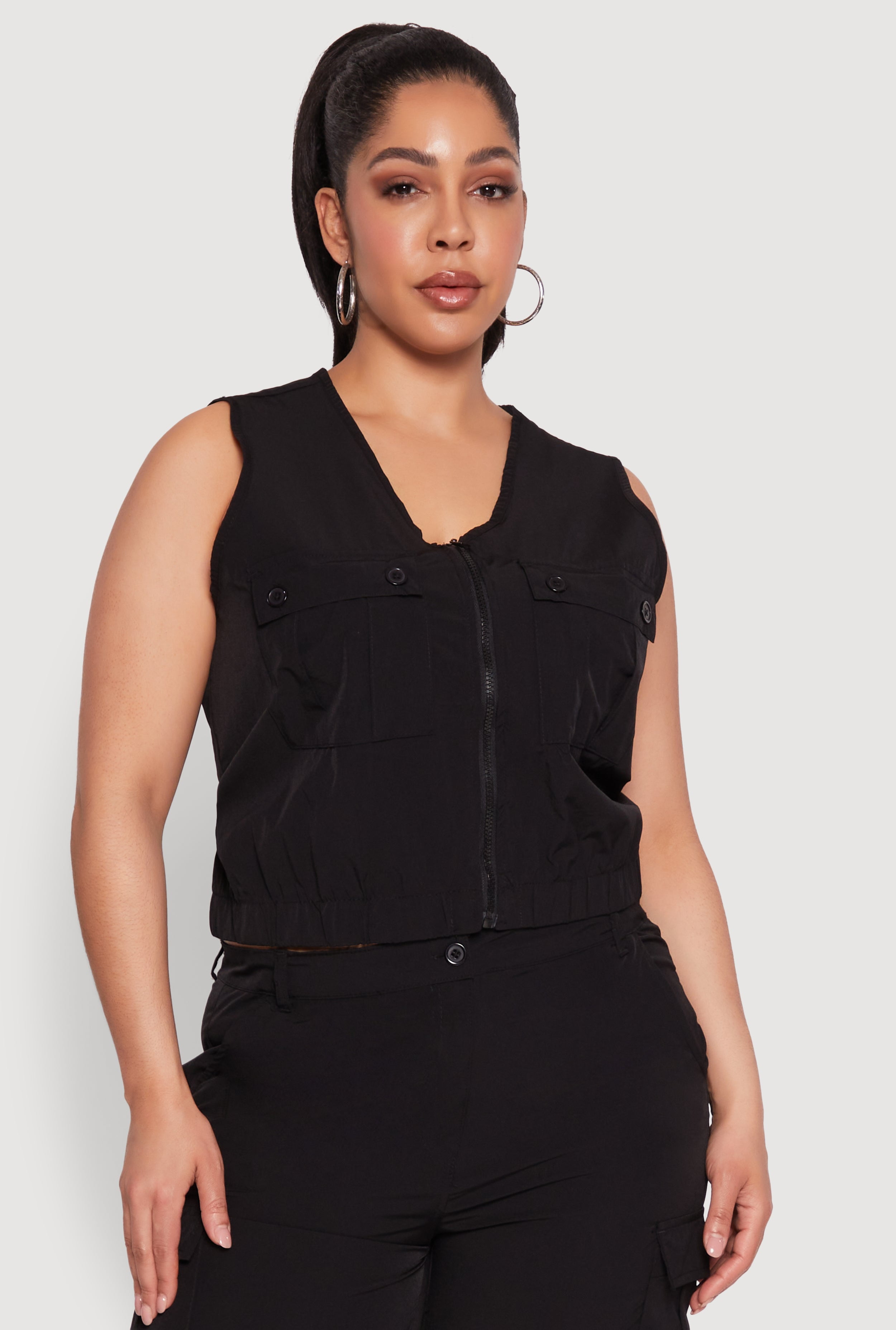 Womens Plus Size Zip Front Cargo Pocket Top - Walmart.com