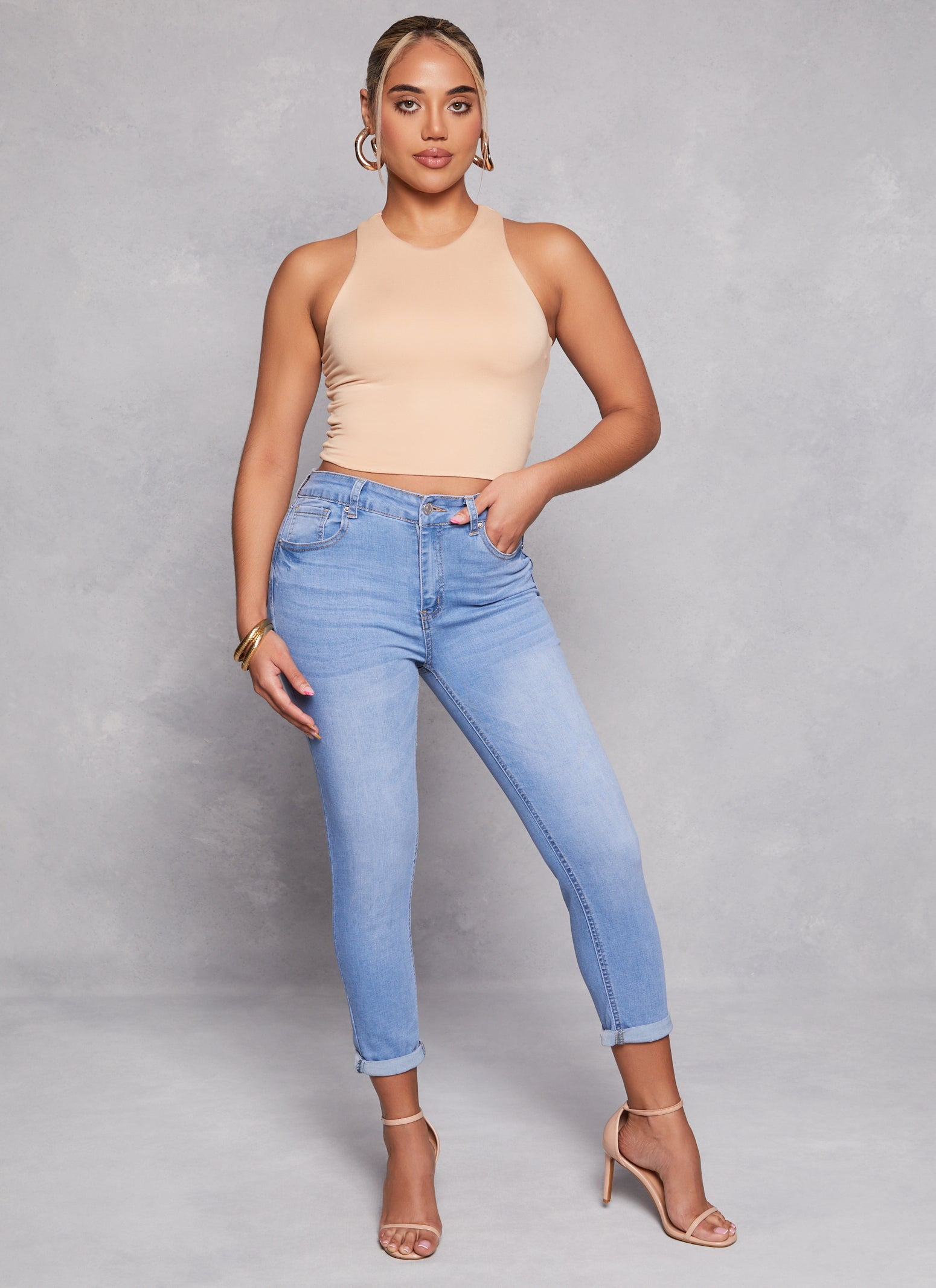 Womens WAX High Waist Rolled Cuff Denim Jeans - Walmart.com