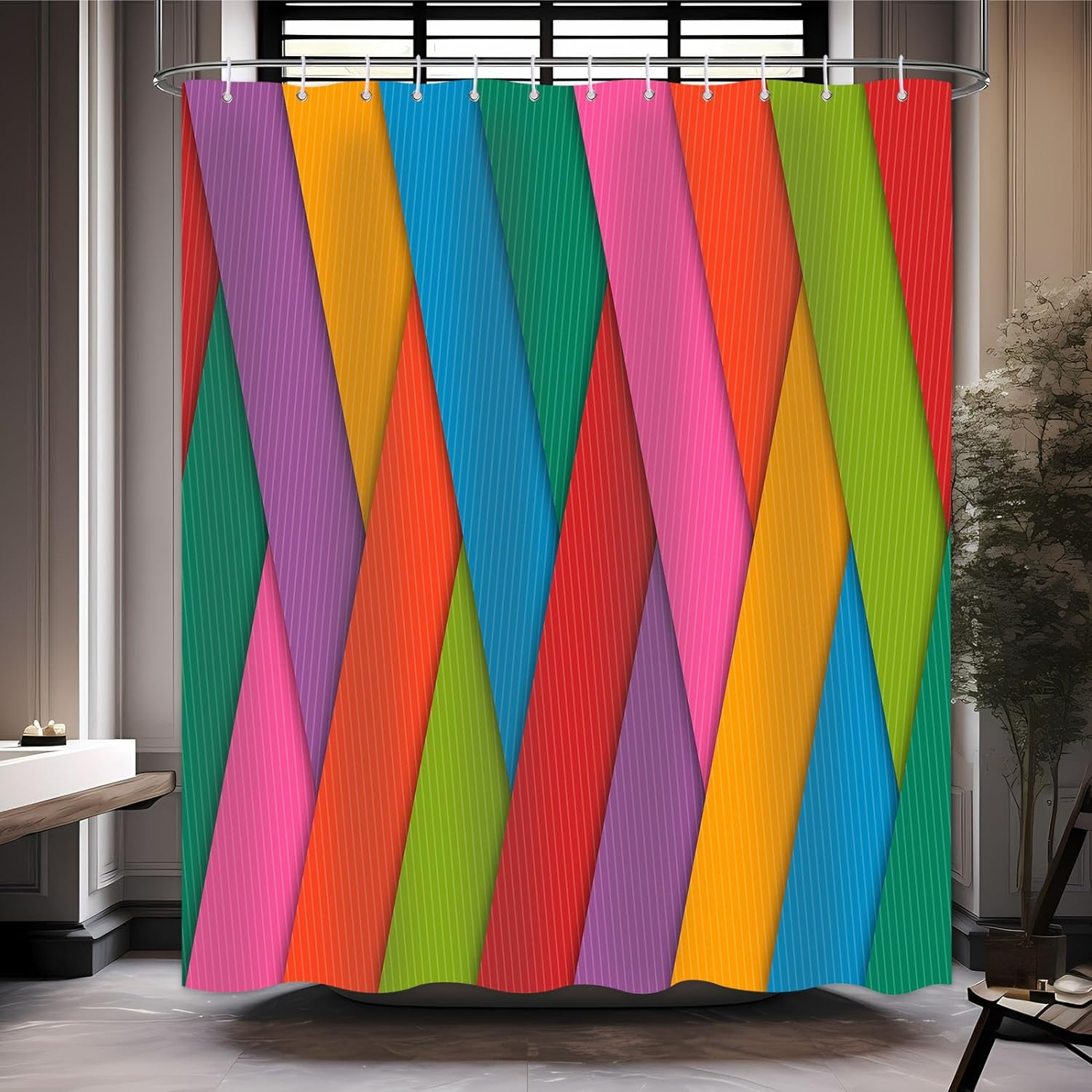Rainbow Shower Curtain Modern Abstract Bar Pattern Vibrant Colored ...