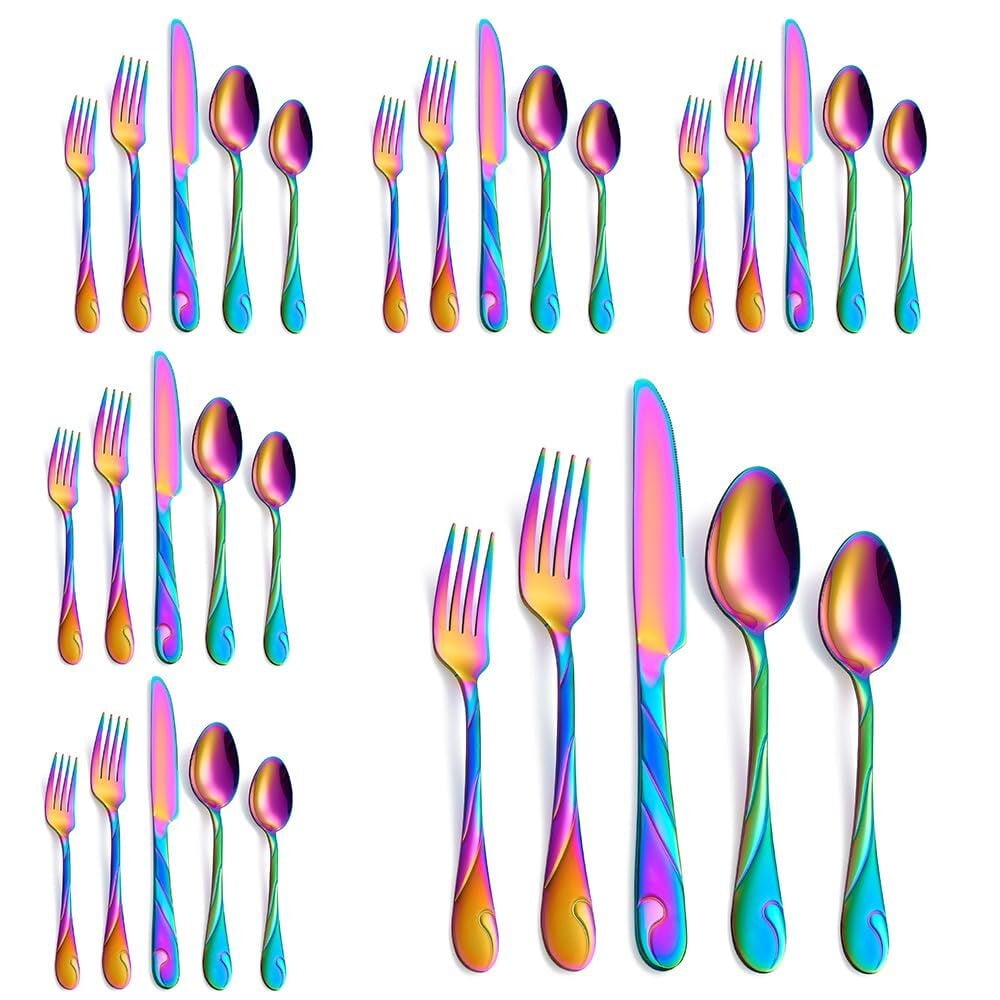 Rainbow Silverware Set for 6, 30-Piece Stainless Steel Flatware Set ...