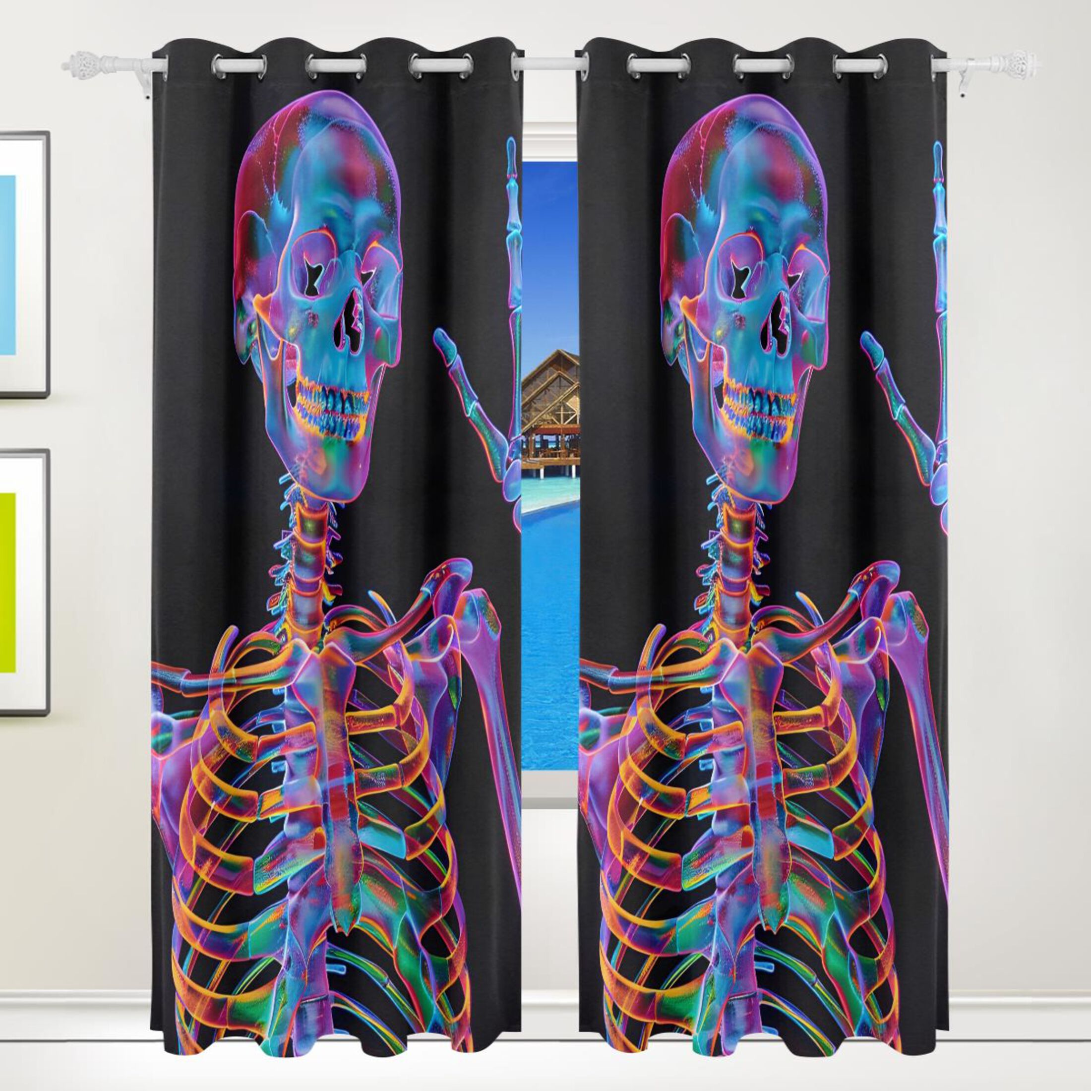 Rainbow Skull Skeleton Blackout Curtains 84 inch Length 2 Panels ...