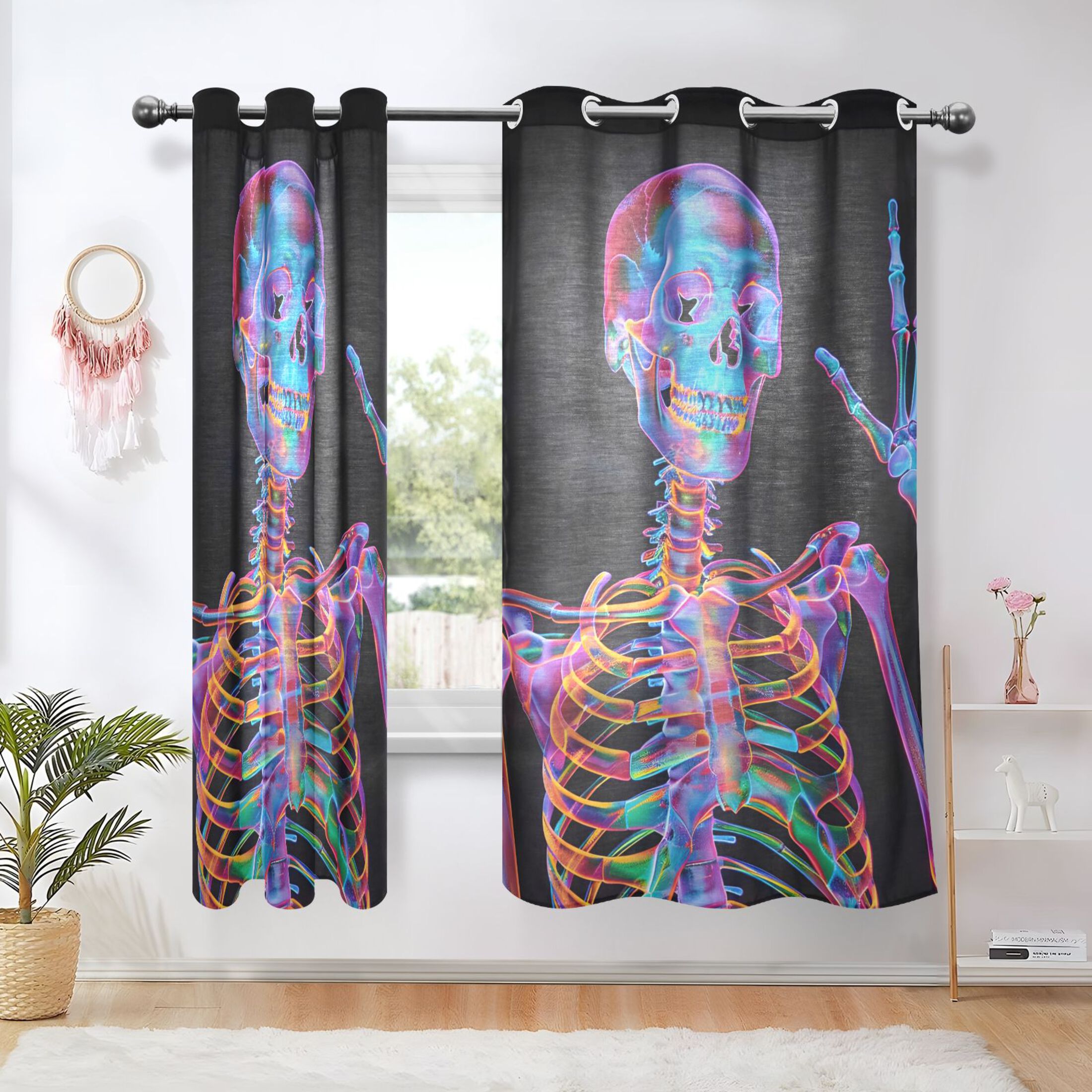 Rainbow Skull Skeleton Sheer Curtains 2 Panels Set Grommet Drapes for ...