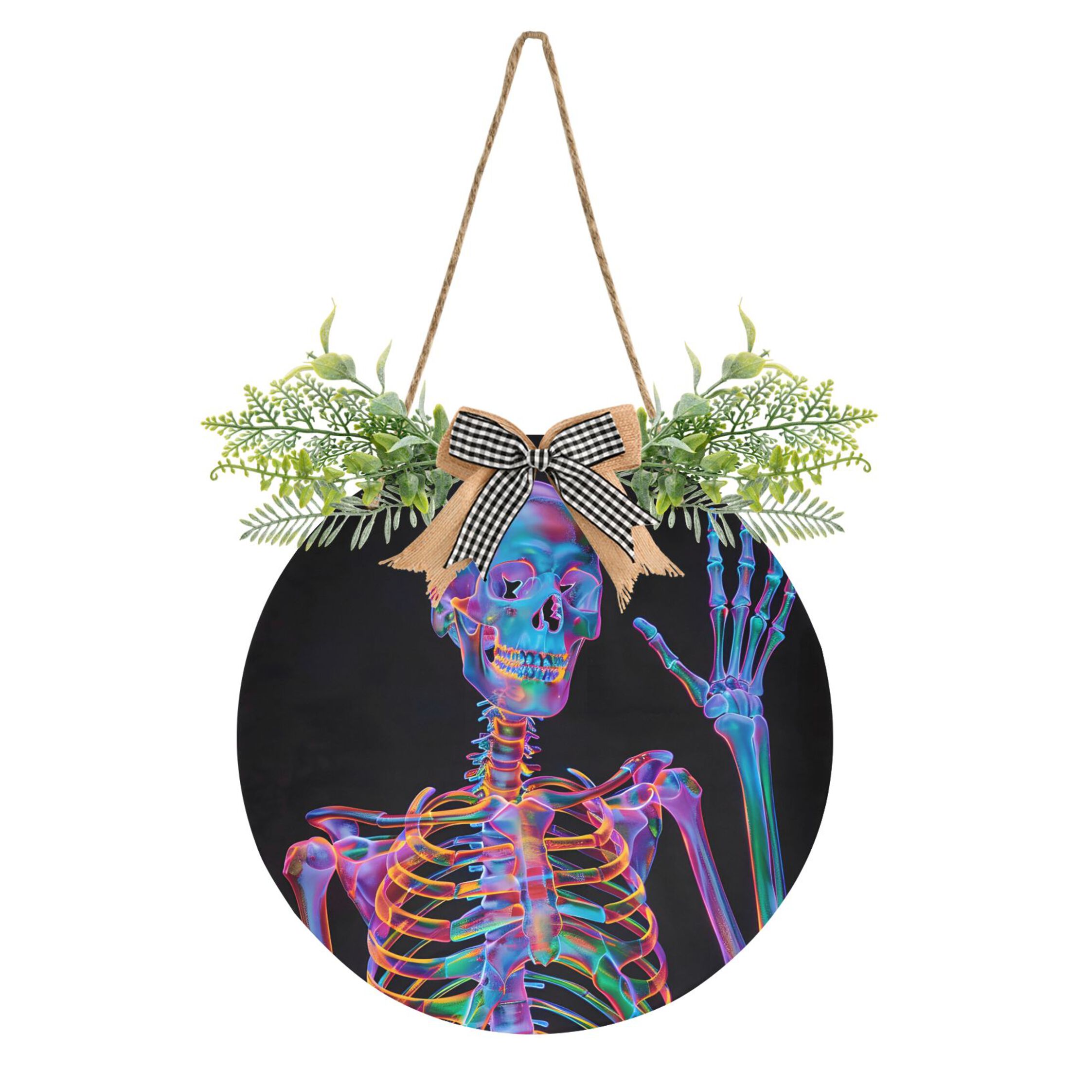 Rainbow Skull Skeleton Welcome Front Door Sign Round 12 inch Porch ...