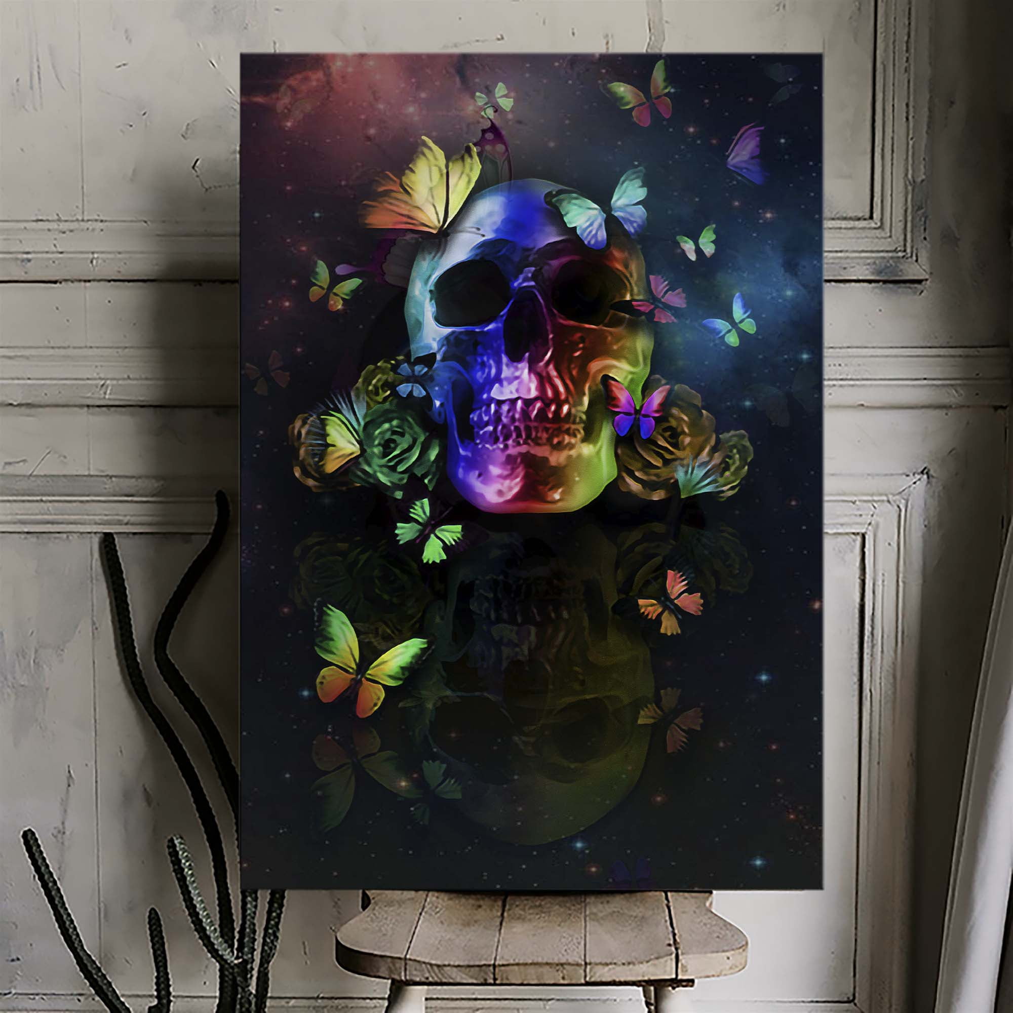 Rainbow Skull with Butterflies Canvas Wall Art – Gothic Psychedelic ...