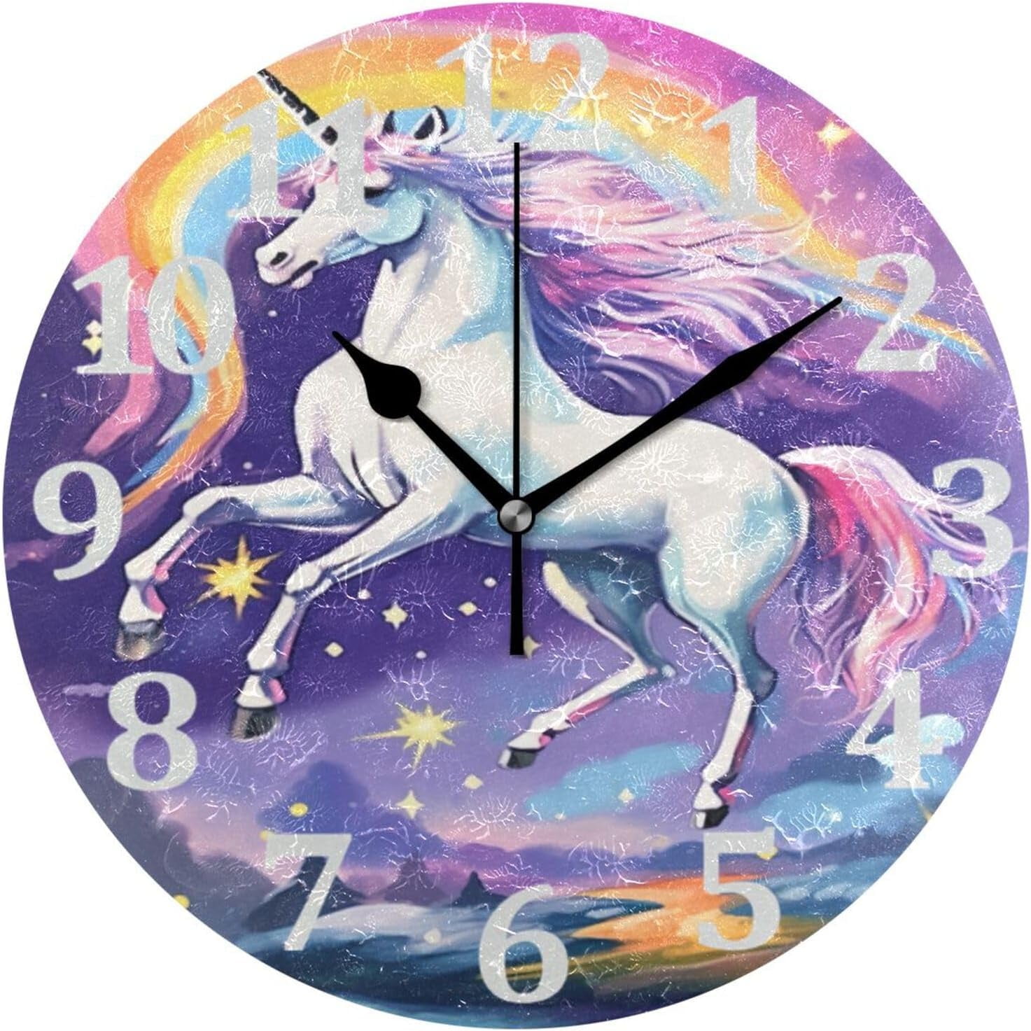 Rainbow Sky Unicorn Wall Clock Round Vintage Silent Non Ticking Battery ...