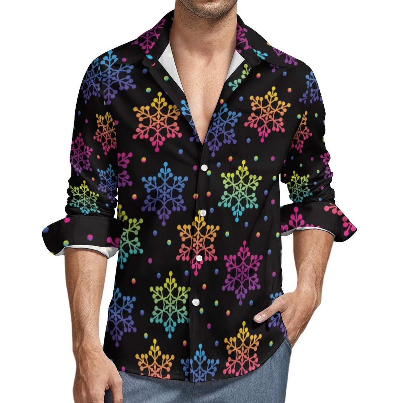 Rainbow Snowflake Mens Long Sleeve Button Down Shirts, Casual Men's ...