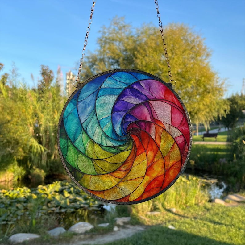Rainbow Spiral Stained Glass Suncatcher, Window Hanging Decor, Outdoor ...