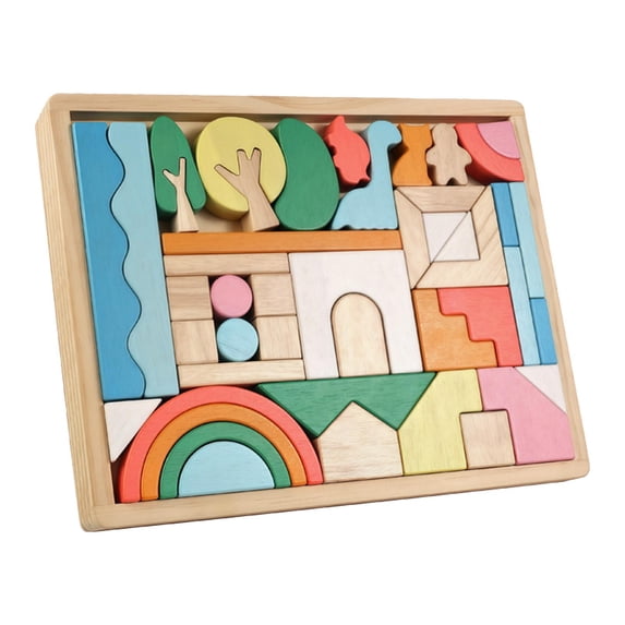 Rainbow Stacking Blocks Wooden Building Puzzle Early Education Material ...