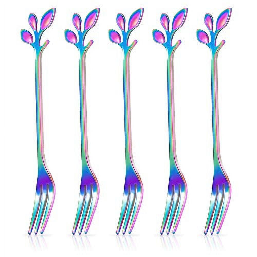 Rainbow Stainless Steel Dessert Forks, iFeico 4.7-inch Fruit Leaf Forks ...