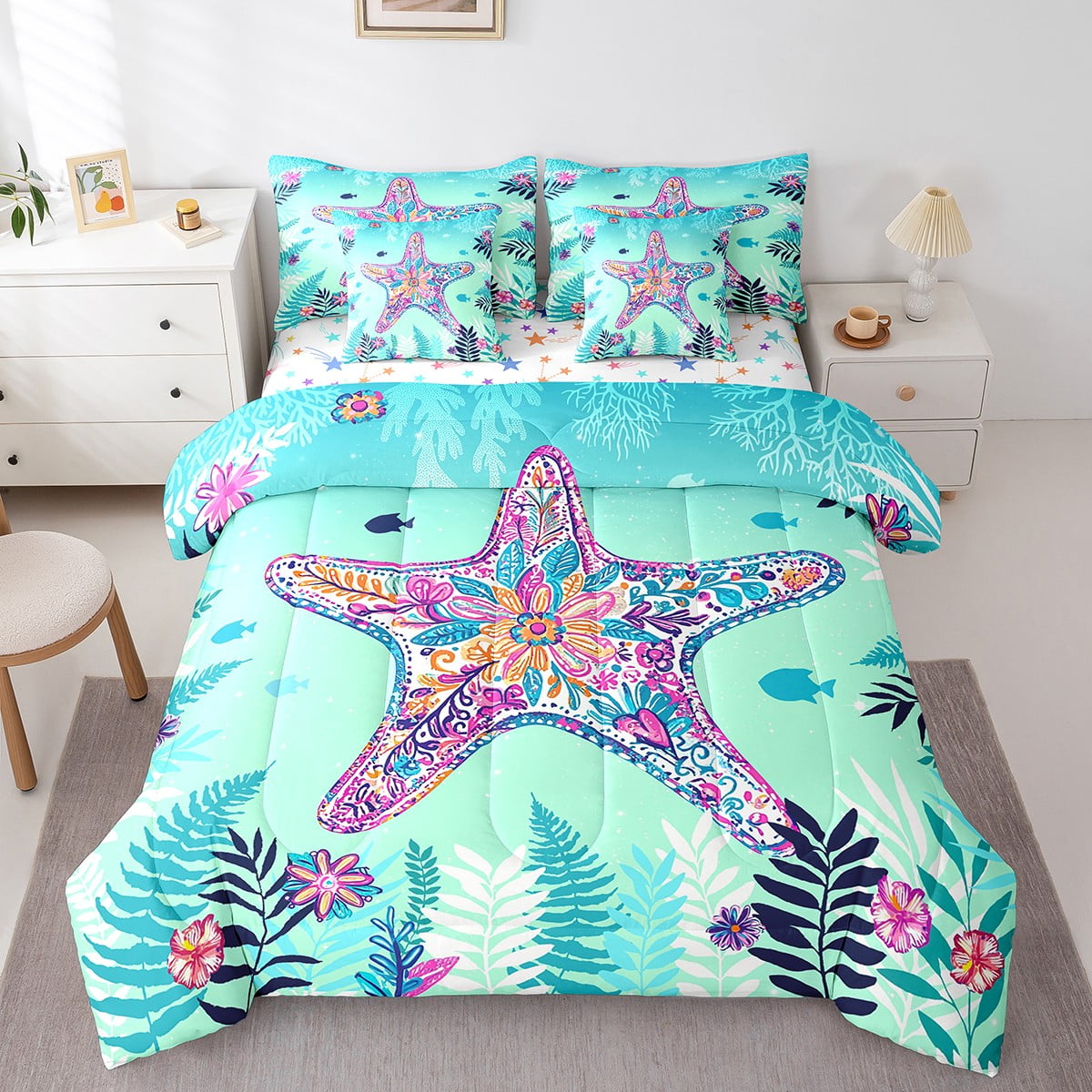 Rainbow Starfish 7 Piece Comforter Set Full Bed in a Bag Watercolor Flowers Sheet Set with ...