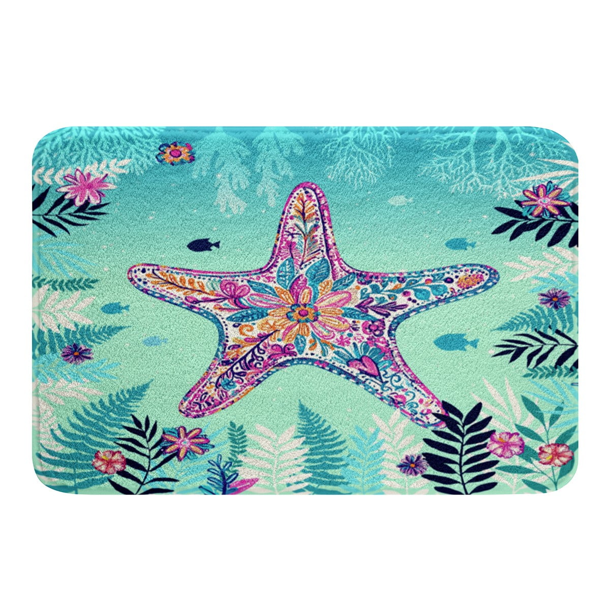 Rainbow Starfish Bath Mat Watercolor Flowers Bathroom Accessories,Blue ...