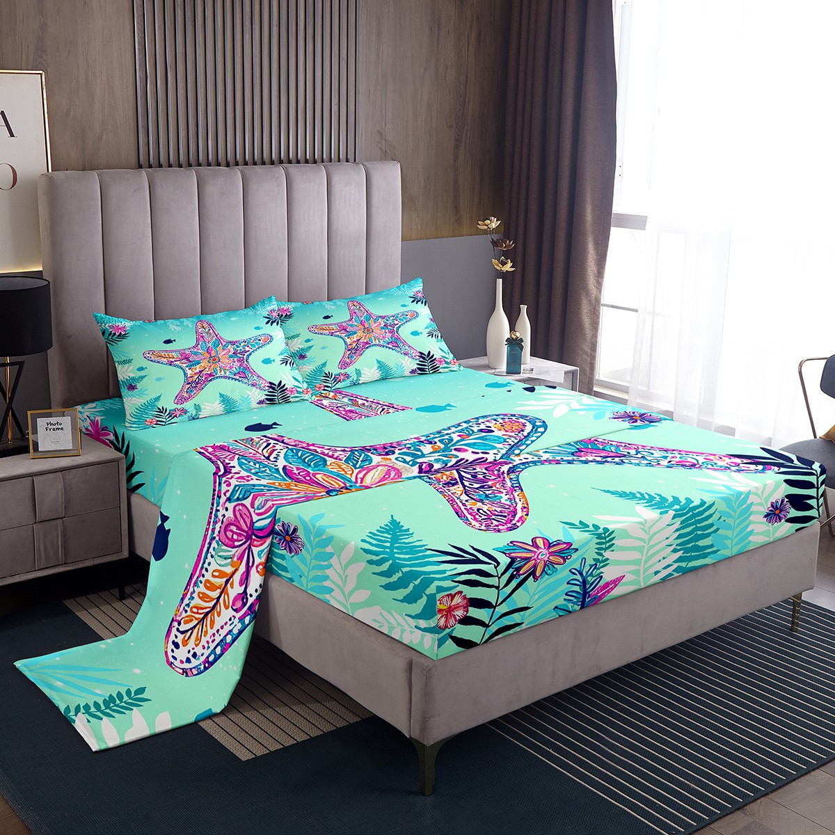 Rainbow Starfish Bed Sheets Set Watercolor Flowers Sheets,Blue Ocean ...
