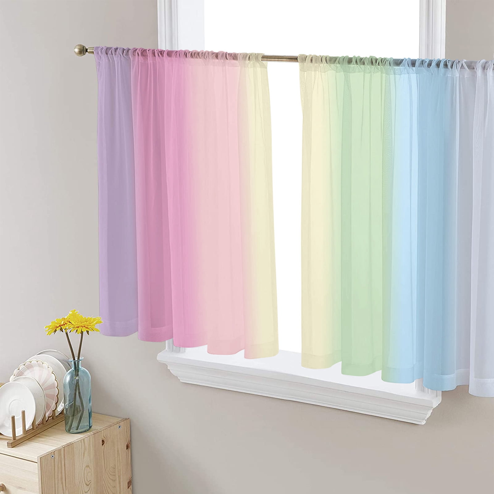 Rainbow Stripes Sheer Curtains 54 Inches Length 2 Panels Set, Window ...