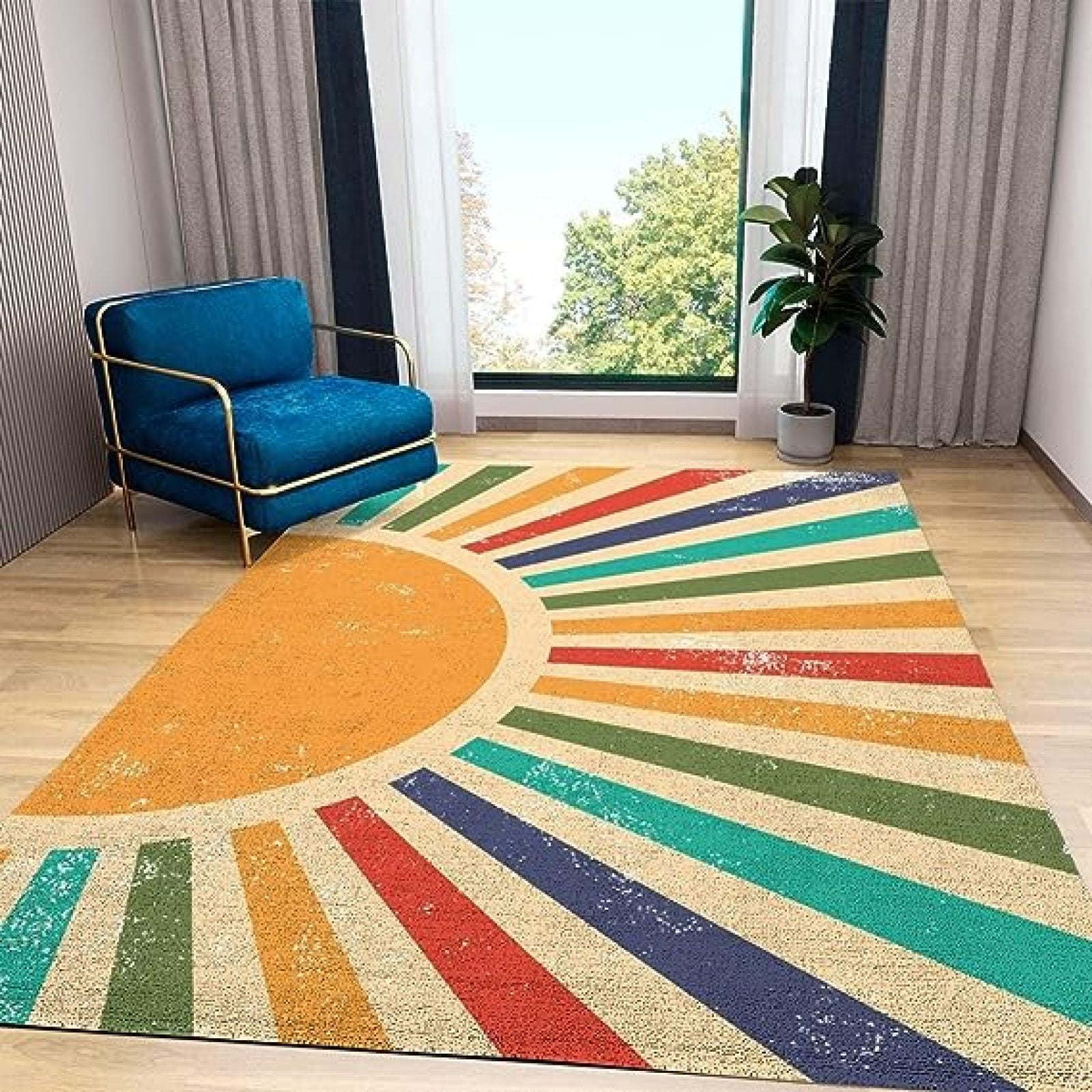 Rainbow Sun Area Rug, Vintage Geometric Rug, Boho Style Bedroom Decor ...