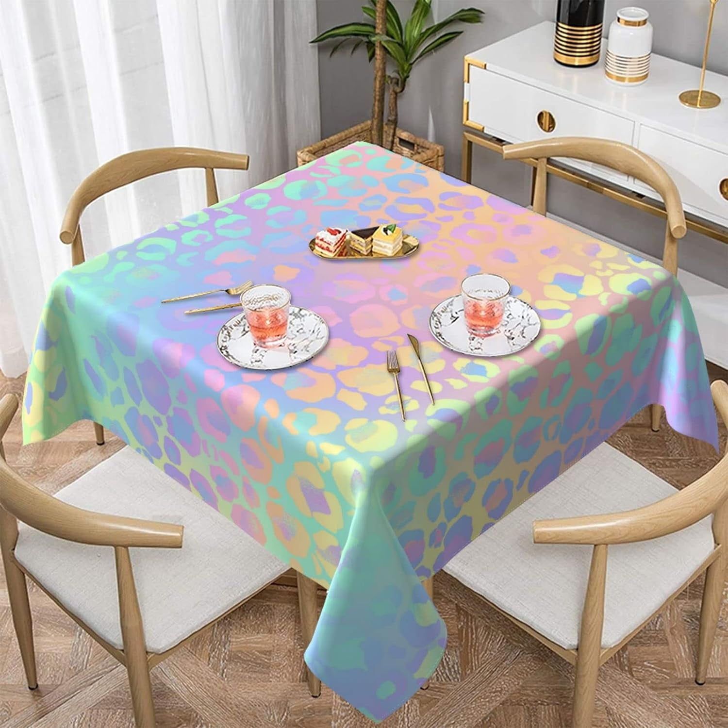 Rainbow Tablecloth Square 54x54 Inch Vinyl Spring Leopard Print Table ...