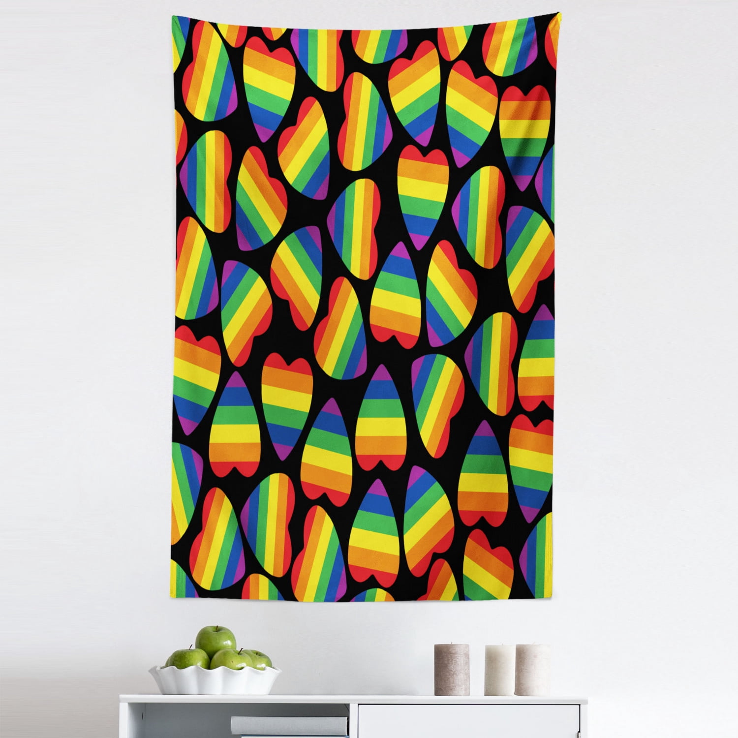 Rainbow Tapestry, Rainbow Colored Striped Heart Shapes on Black ...