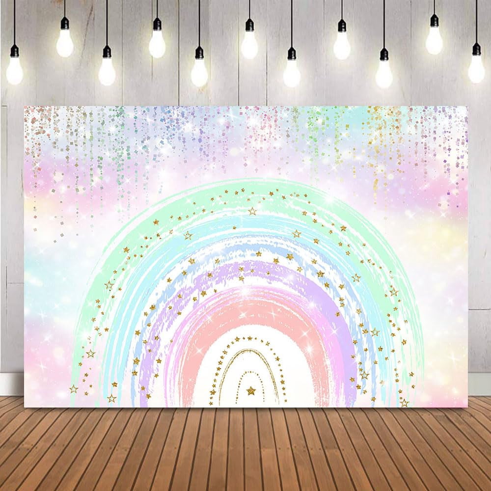 Rainbow Theme Birthday Backdrop Colorful Pastel Sprinkled Gold Dots ...