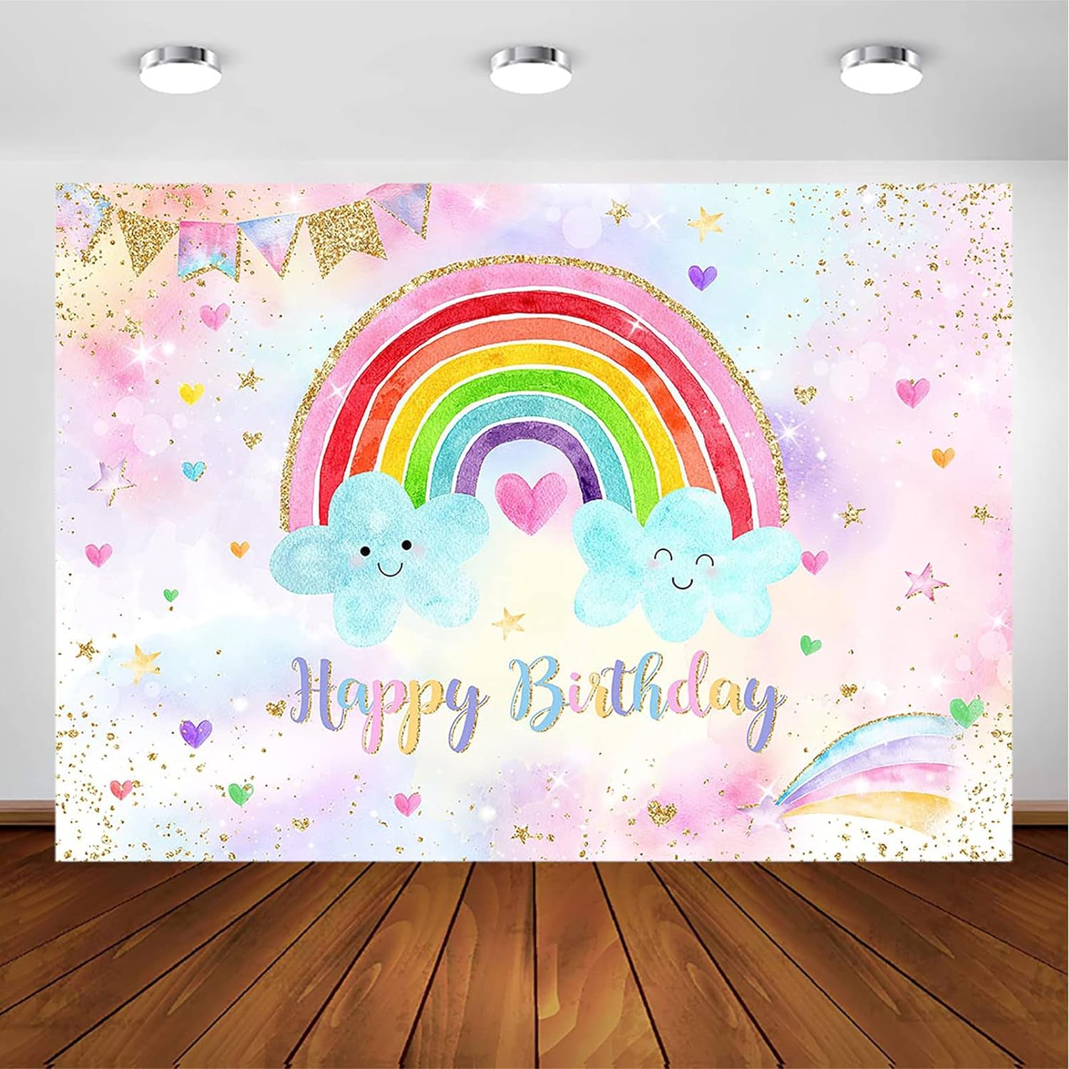 Rainbow Theme Birthday Backdrop Sprinkled Gold Dots Rainbow Stars ...